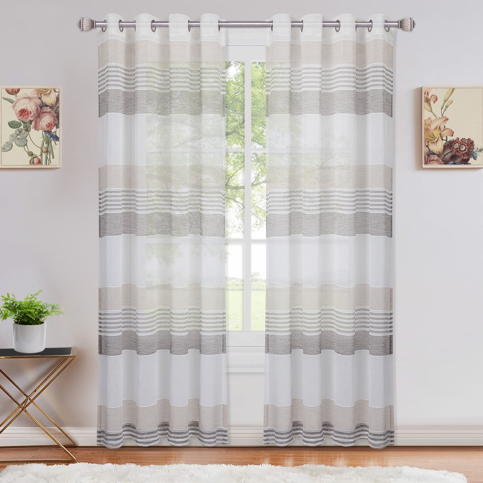 Danolapsi Sheer Window Curtains Horizontal Striped Curtains Balance ...