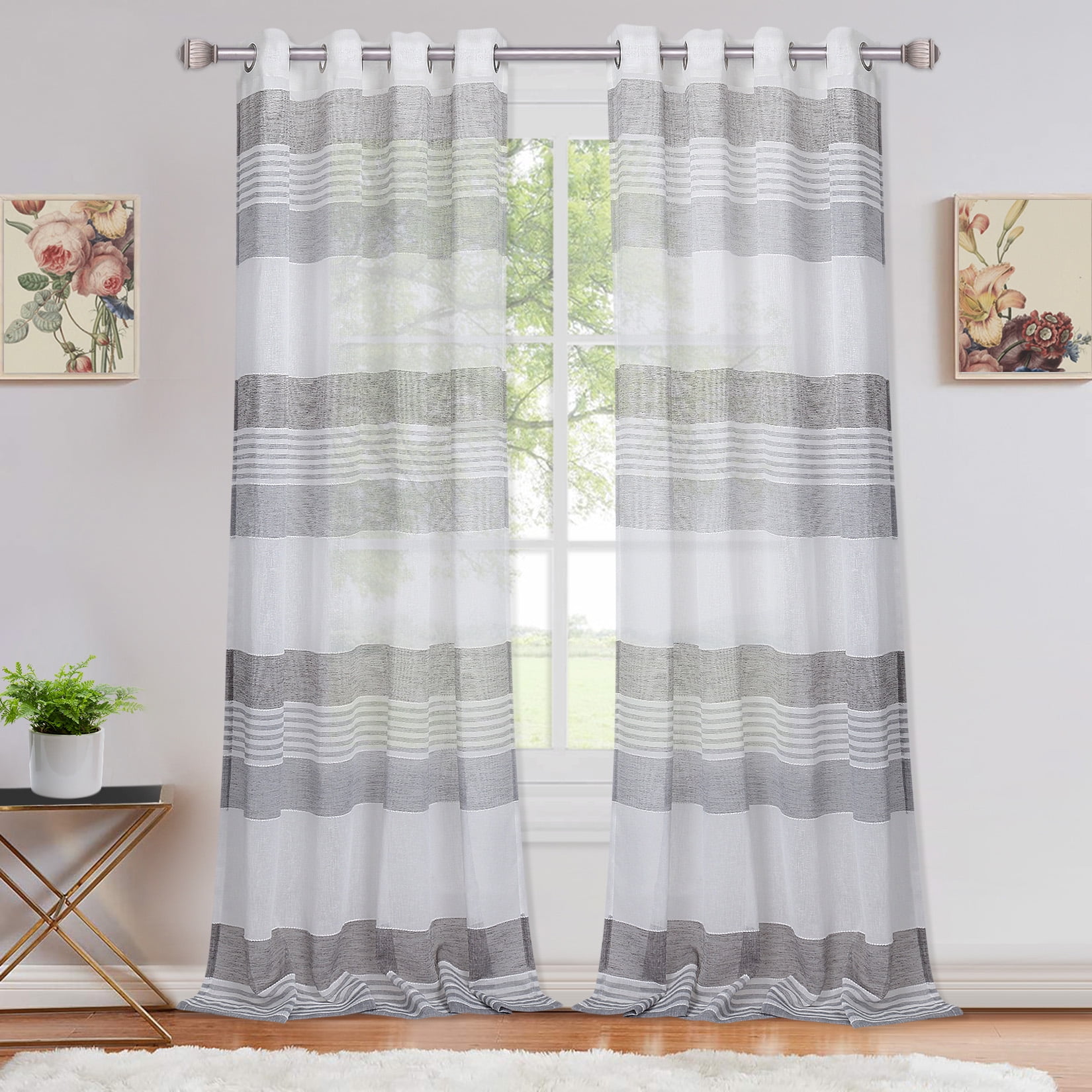 Danolapsi Sheer Window Curtains Horizontal Striped Curtains Balance ...