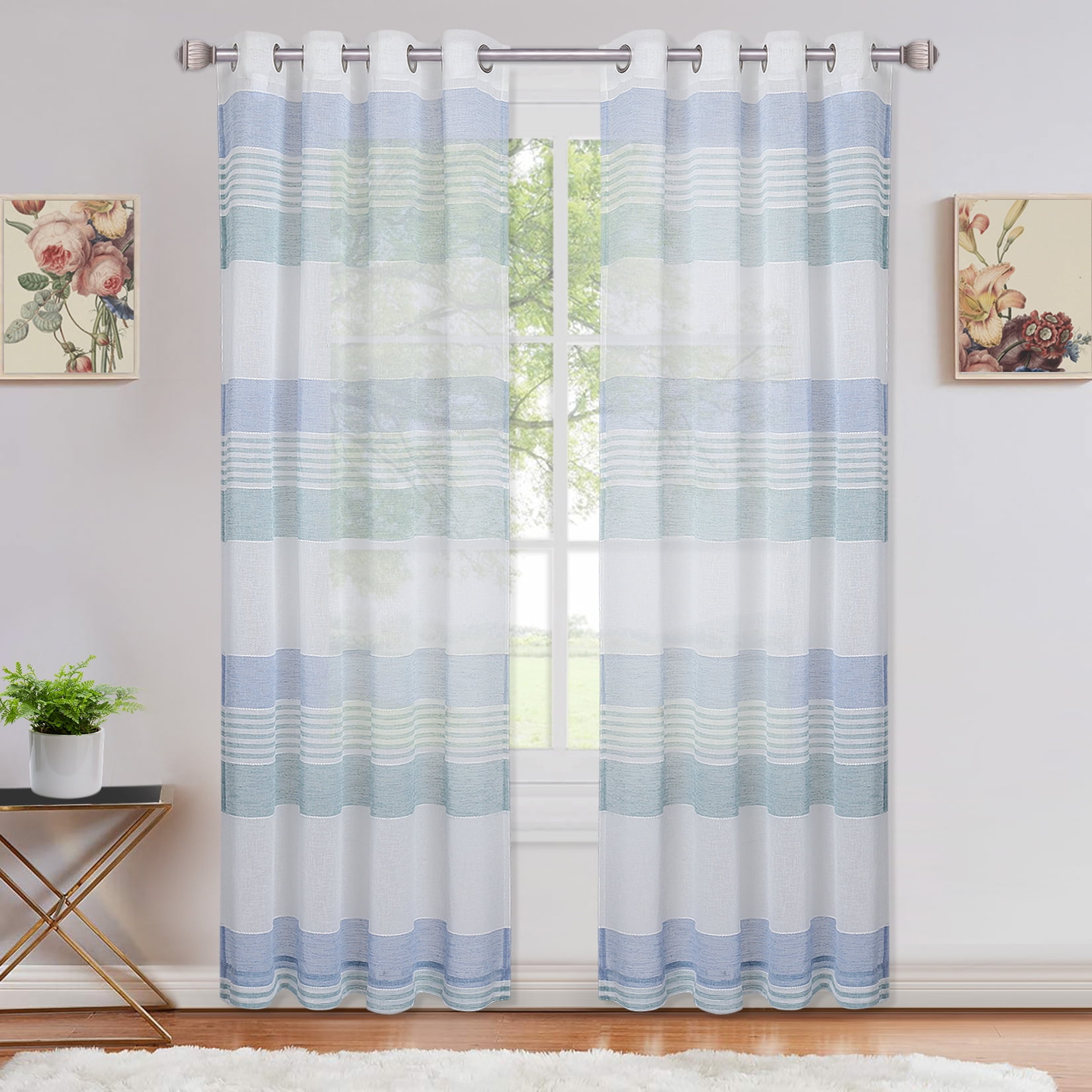 Danolapsi Sheer Window Curtains Horizontal Striped Curtains Balance ...