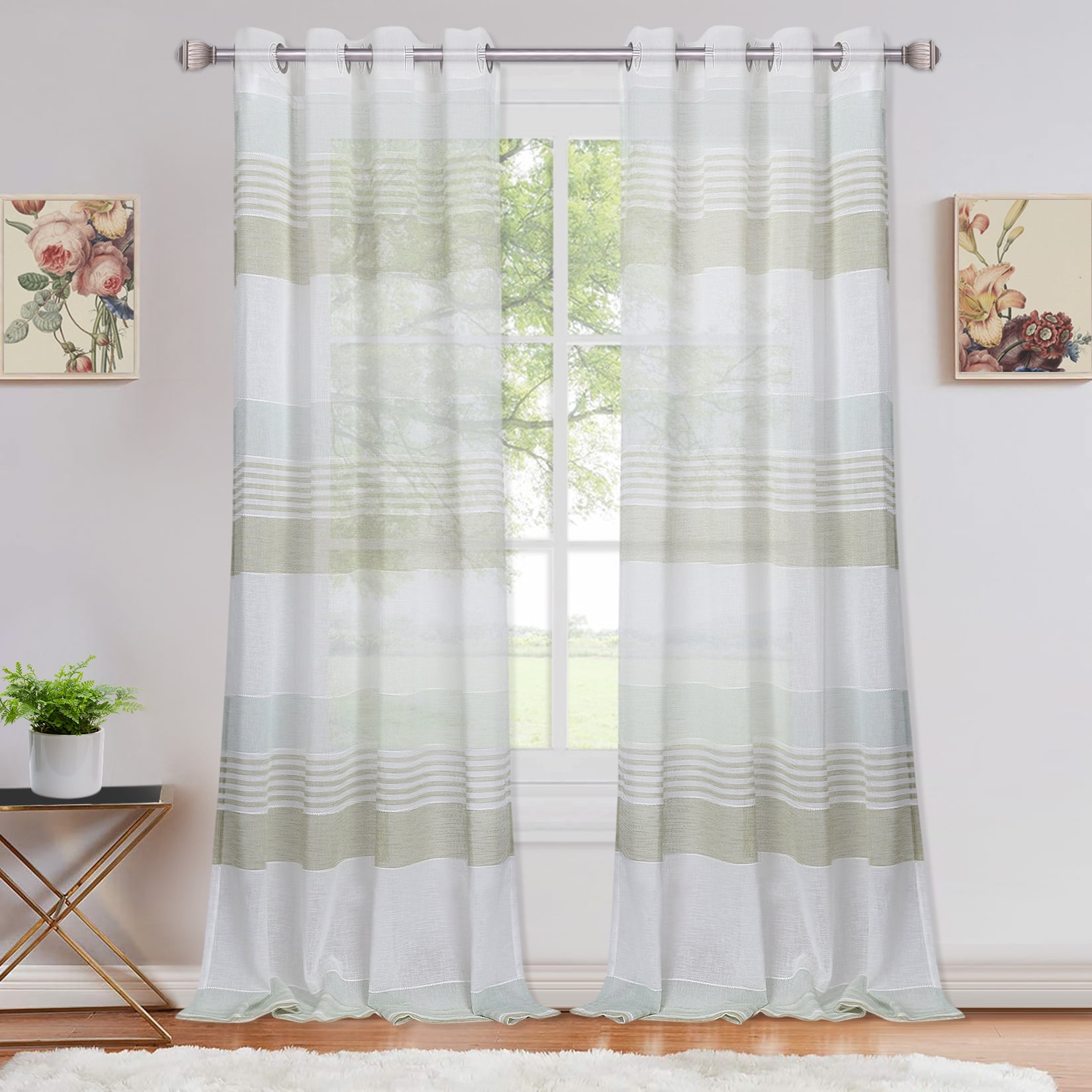 Danolapsi Sheer Window Curtains Horizontal Striped Curtains Balance ...