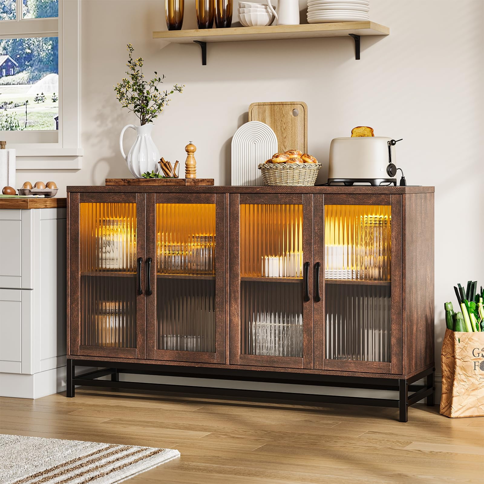 Danolapsi Sideboard Buffet Cabinet with Storage & Led Lights,55" Coffee Bar Cabinet Large Wood ...