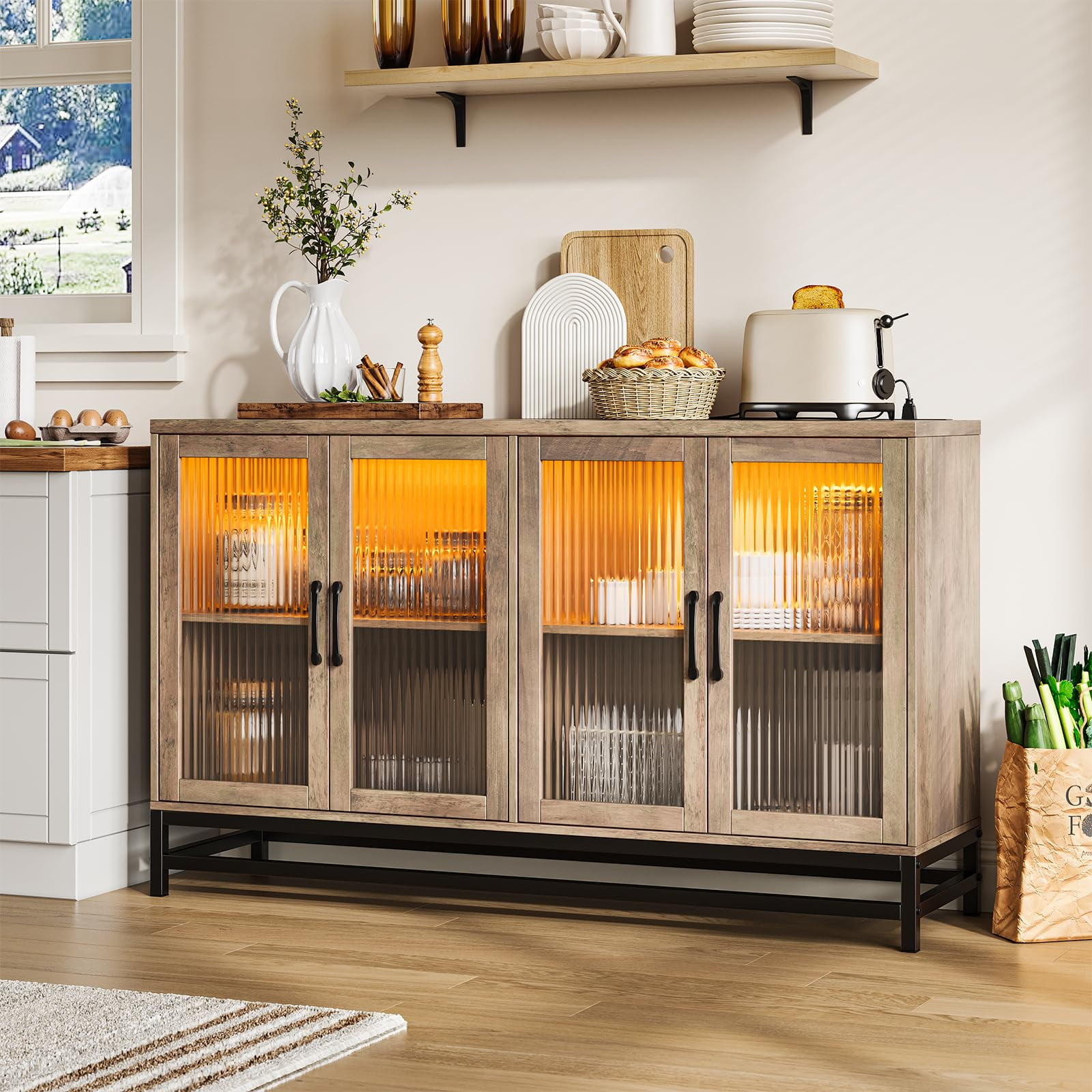 Danolapsi Sideboard Buffet Cabinet with Storage & Led Lights,55" Coffee Bar Cabinet Large Wood ...