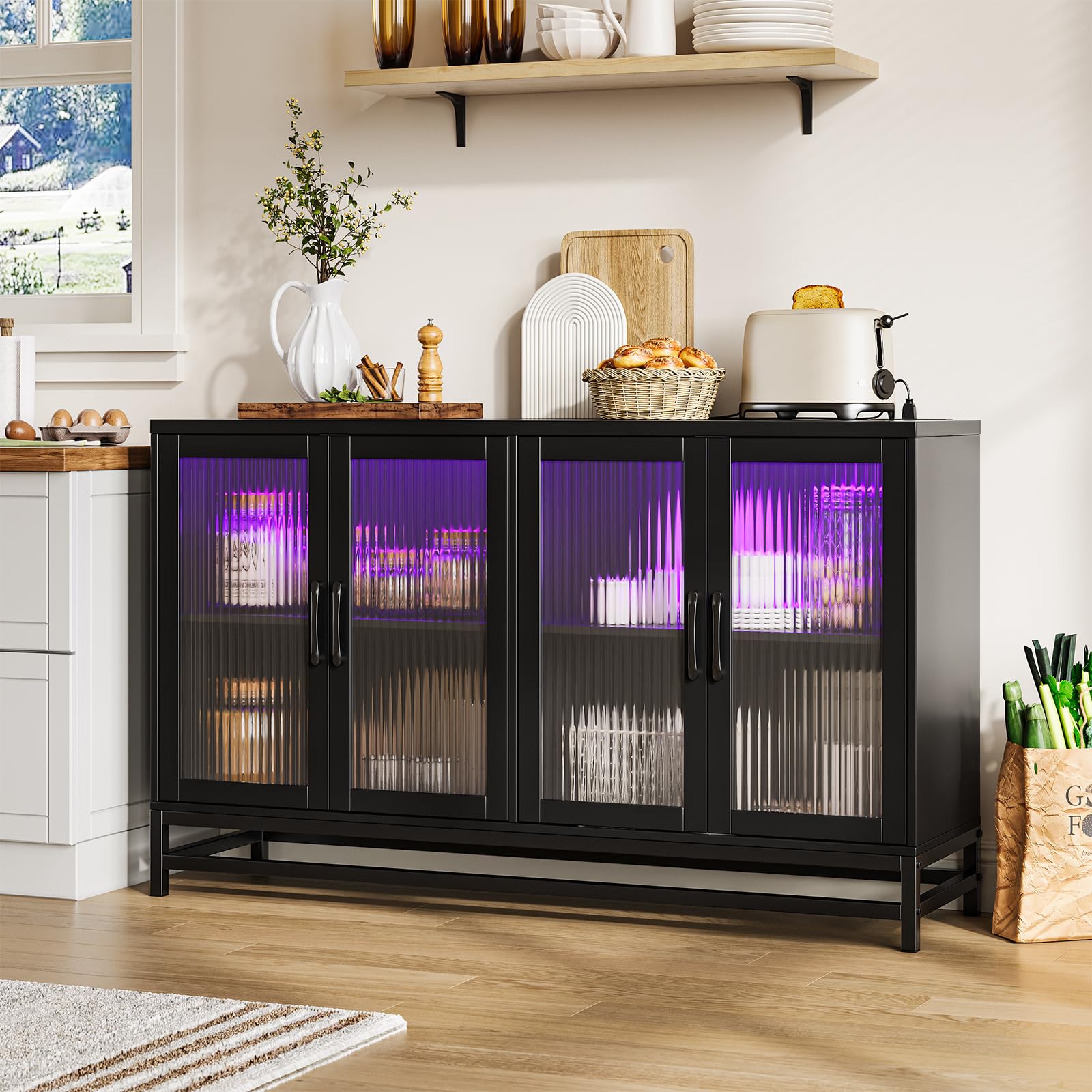 Danolapsi Sideboard Buffet Cabinet with Storage & Led Lights,55" Coffee Bar Cabinet Large Wood ...