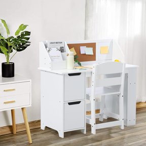 DSstyles White Study Desk and Chair Set with Bookshelf, Bulletin Board ...