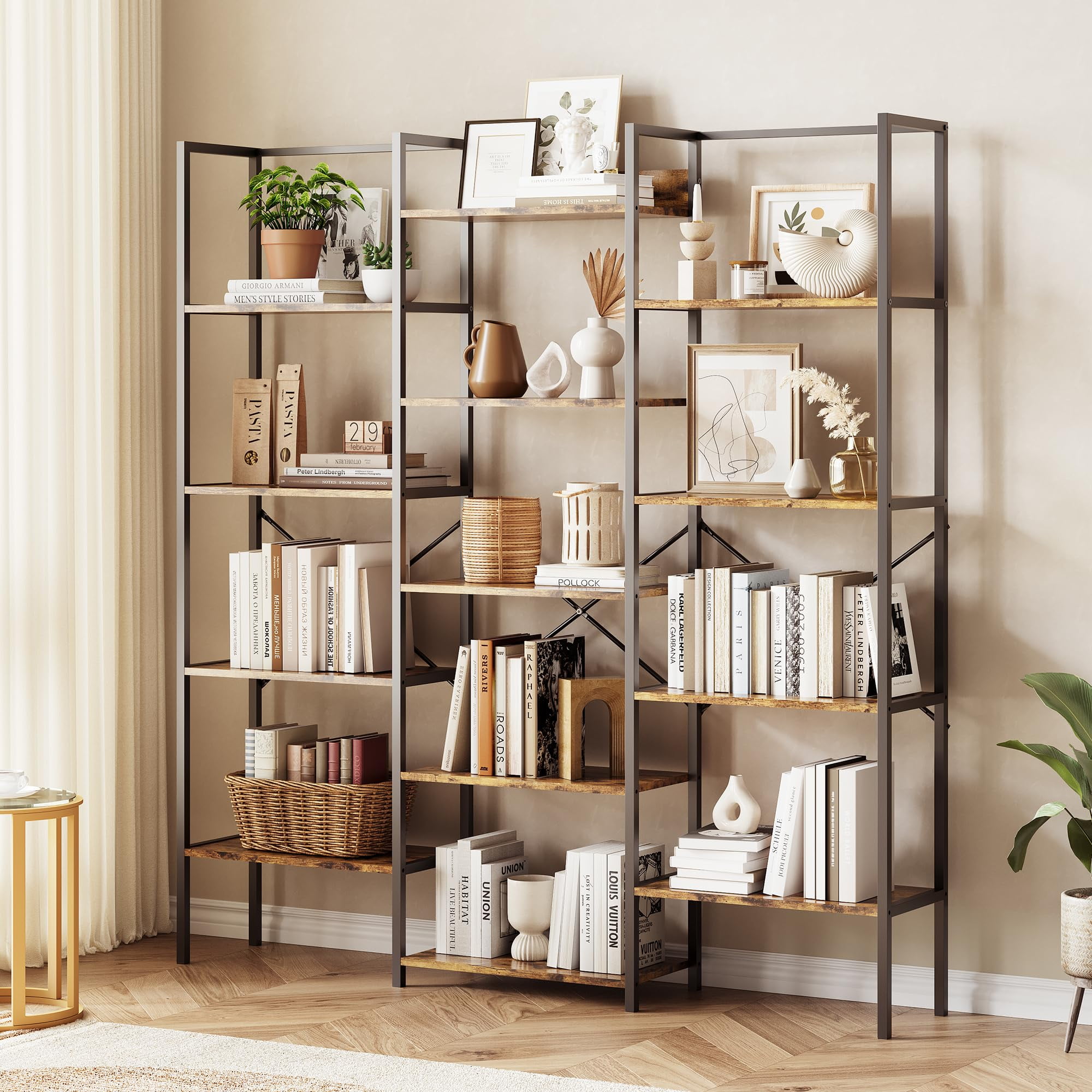 Danolapsi Triple Column 5-Tier Bookshelf,Bookcase with 14 Open Display ...