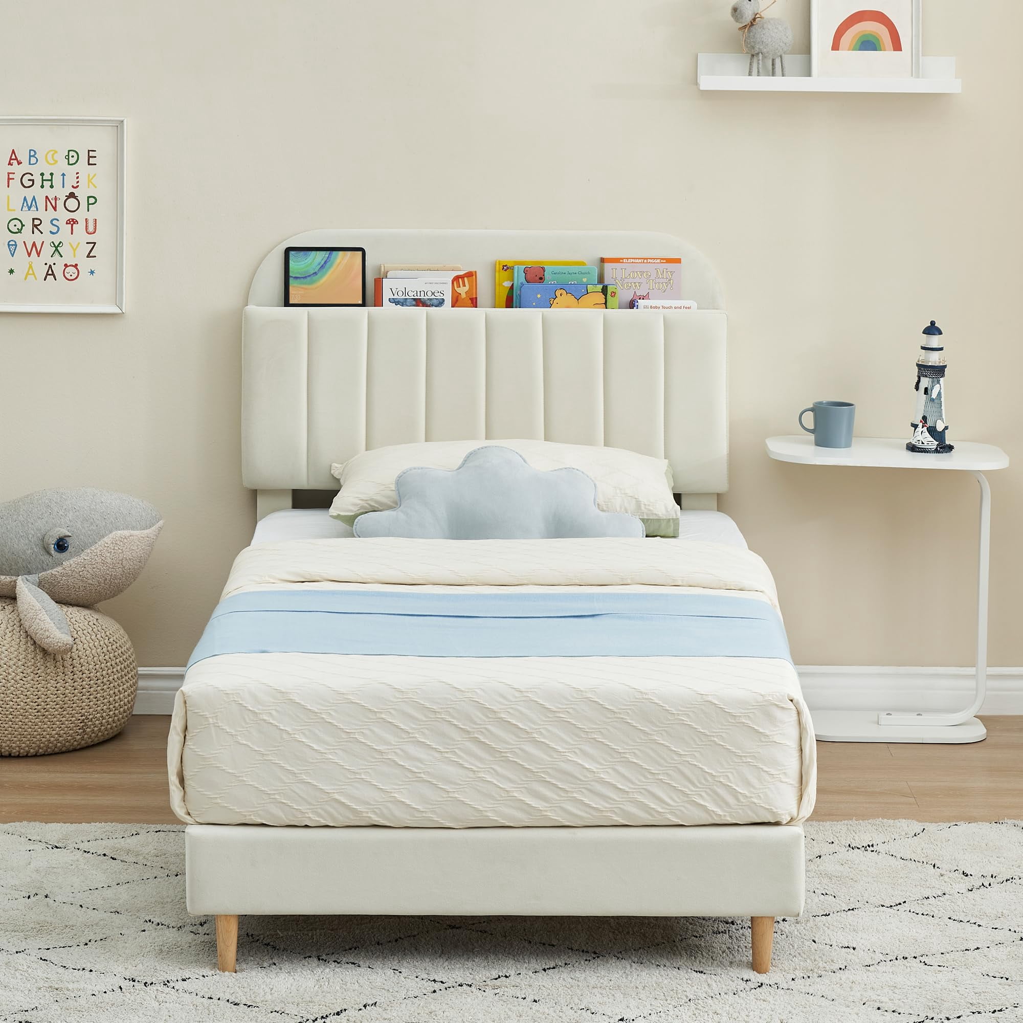 Danolapsi Twin Bed Frame Upholstered Platform Bed Frame with Bookcase ...