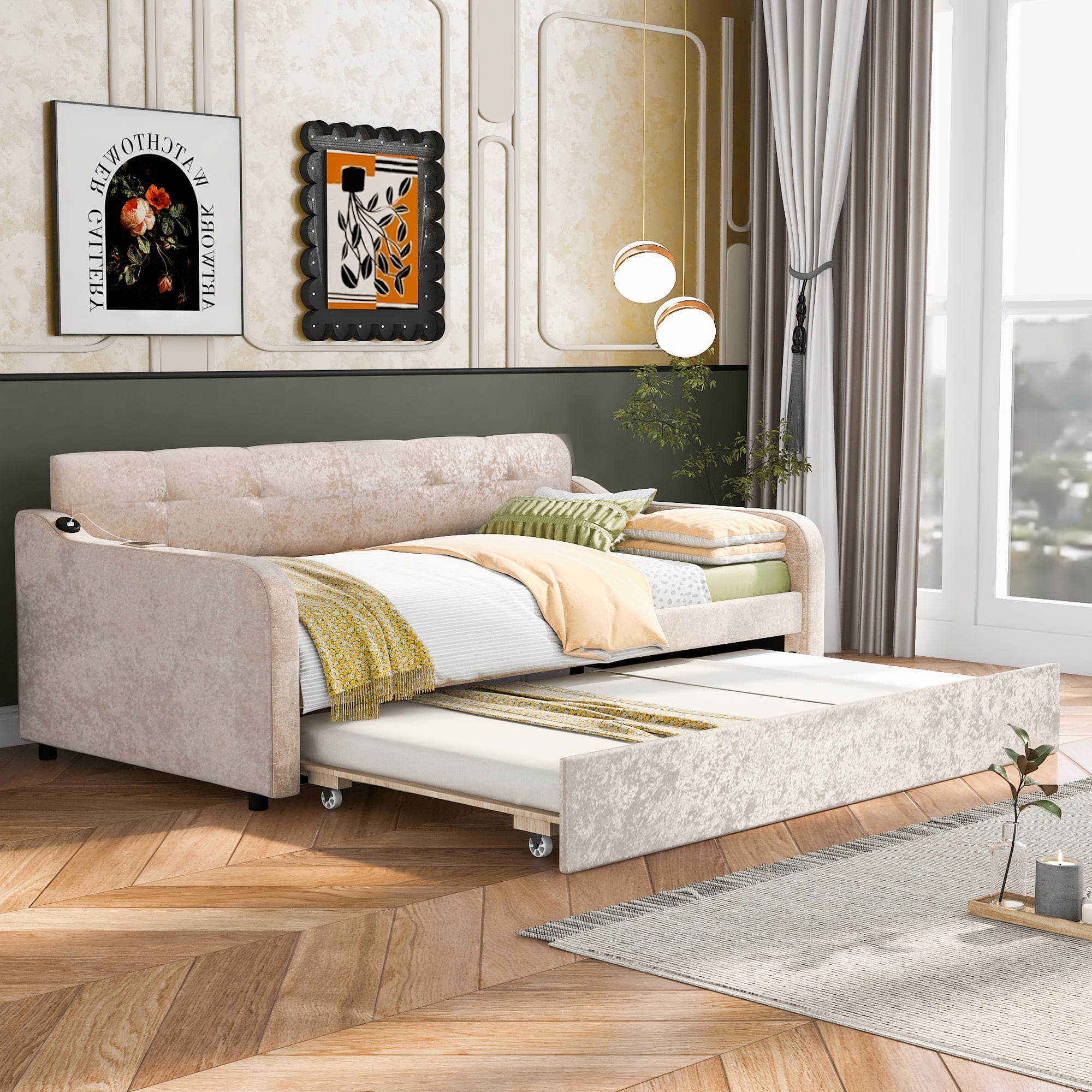 Danolapsi Twin Size Daybed Snowflake Velvet Daybed With USB Charging ...