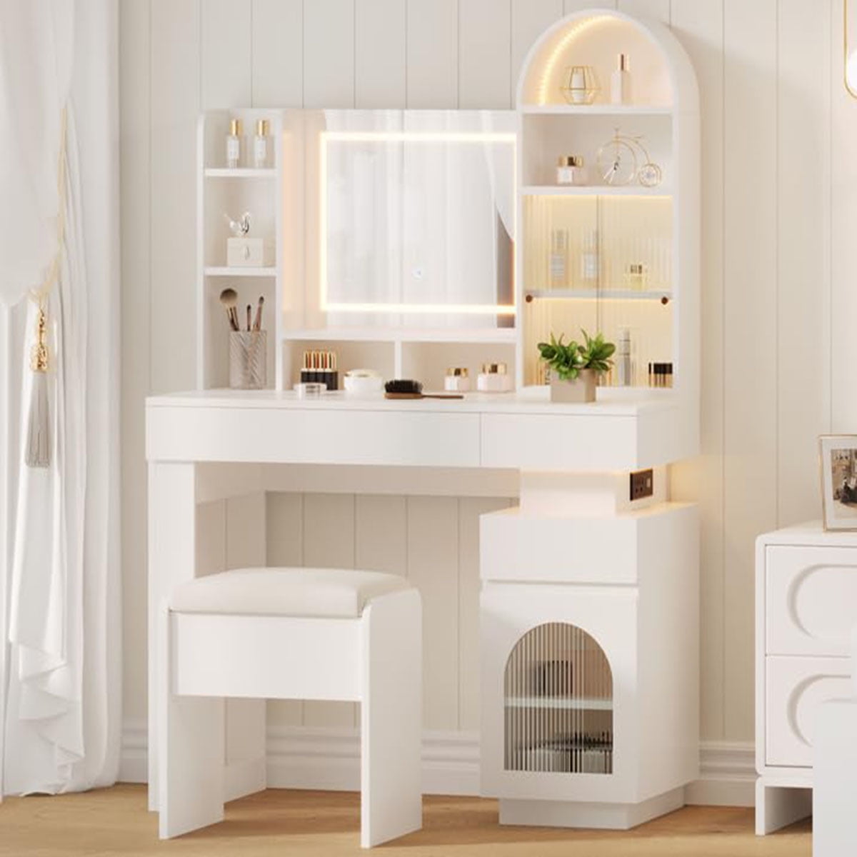 Danolapsi Vanity Desk with Lighted Mirror,Makeup Vanity Table with 3 ...
