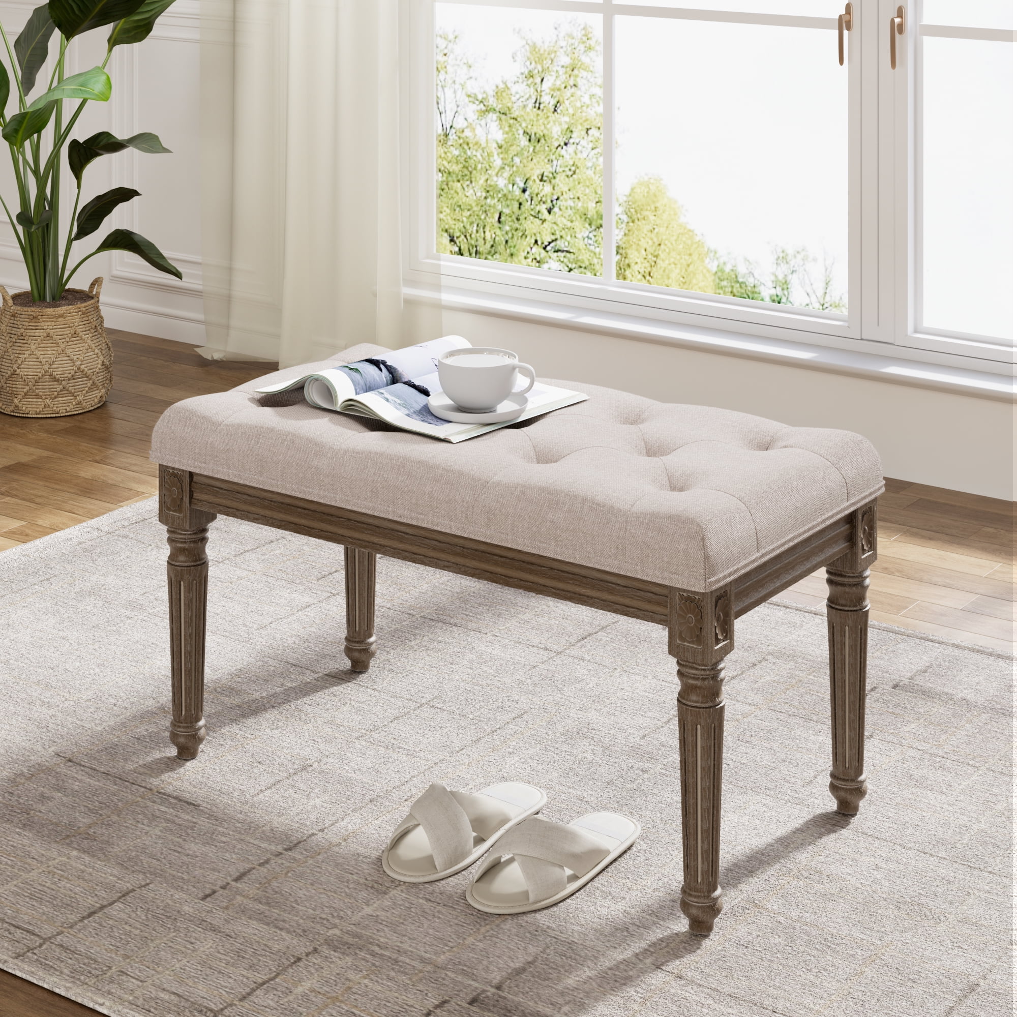 Danolapsi Vintage Bench Extra Long Entryway Bench Dining Bench Fabric End Of Bed Bench WithFoam Upholstered Seat And Wooden Legs For Bedroom Dining
