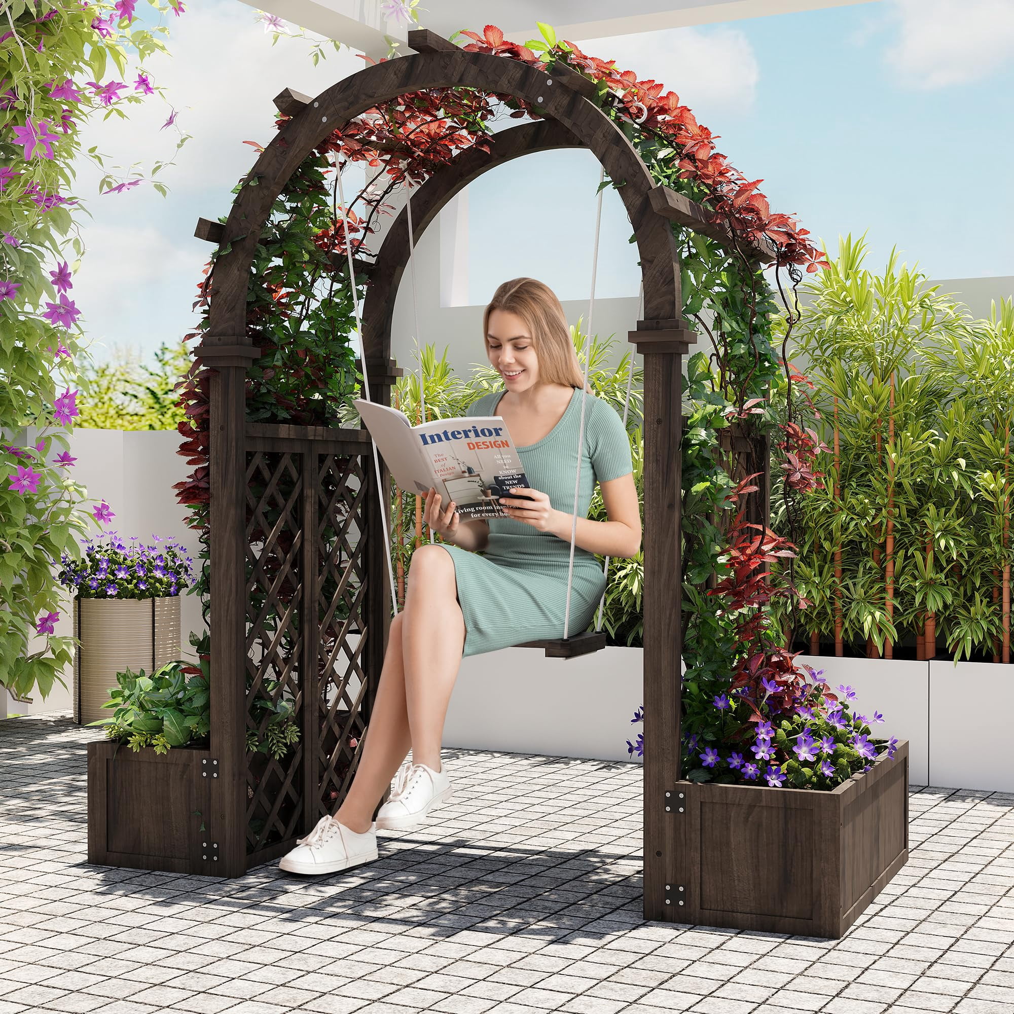 Danolapsi Wood Garden Arbor with Planter Boxes and Swing,Outdoor Arch ...