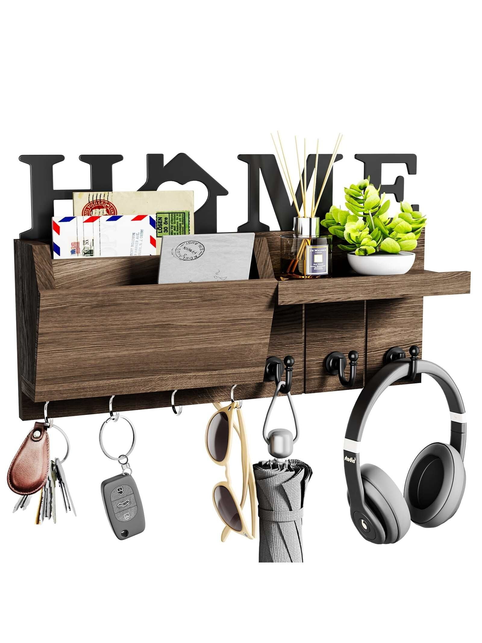 LEFEE Wall Mounted Wooden Envelope Key Holder，3 Double Key Hooks ...