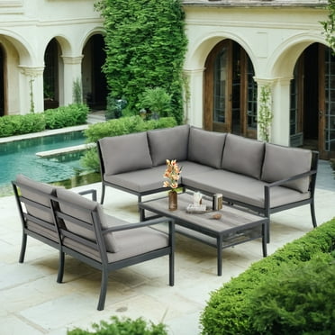 Noble House Townsend 4 Pc Outdoor Patio Sectional Set, Grey/Black ...