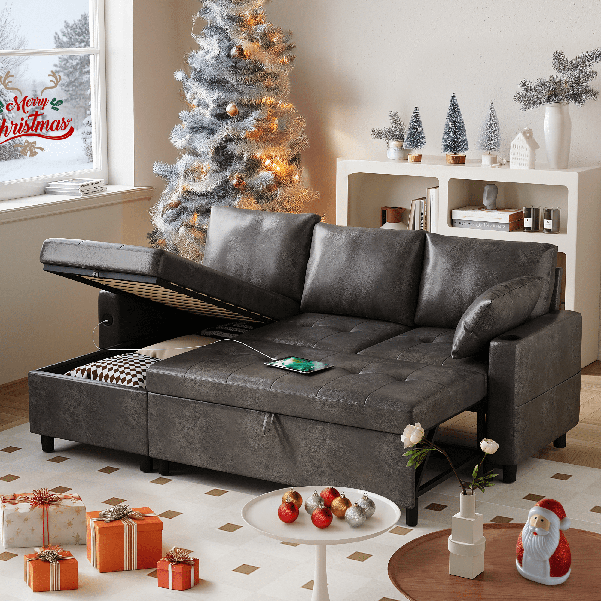 Danrelax Faux Leather L Shaped Sofa with USB, Cup Holder and Hidden ...