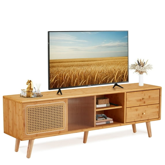 Danrelax Mid-Century Modern TV Stand, 55 Inch Rattan Media Console with Tempered Glass Sliding ...