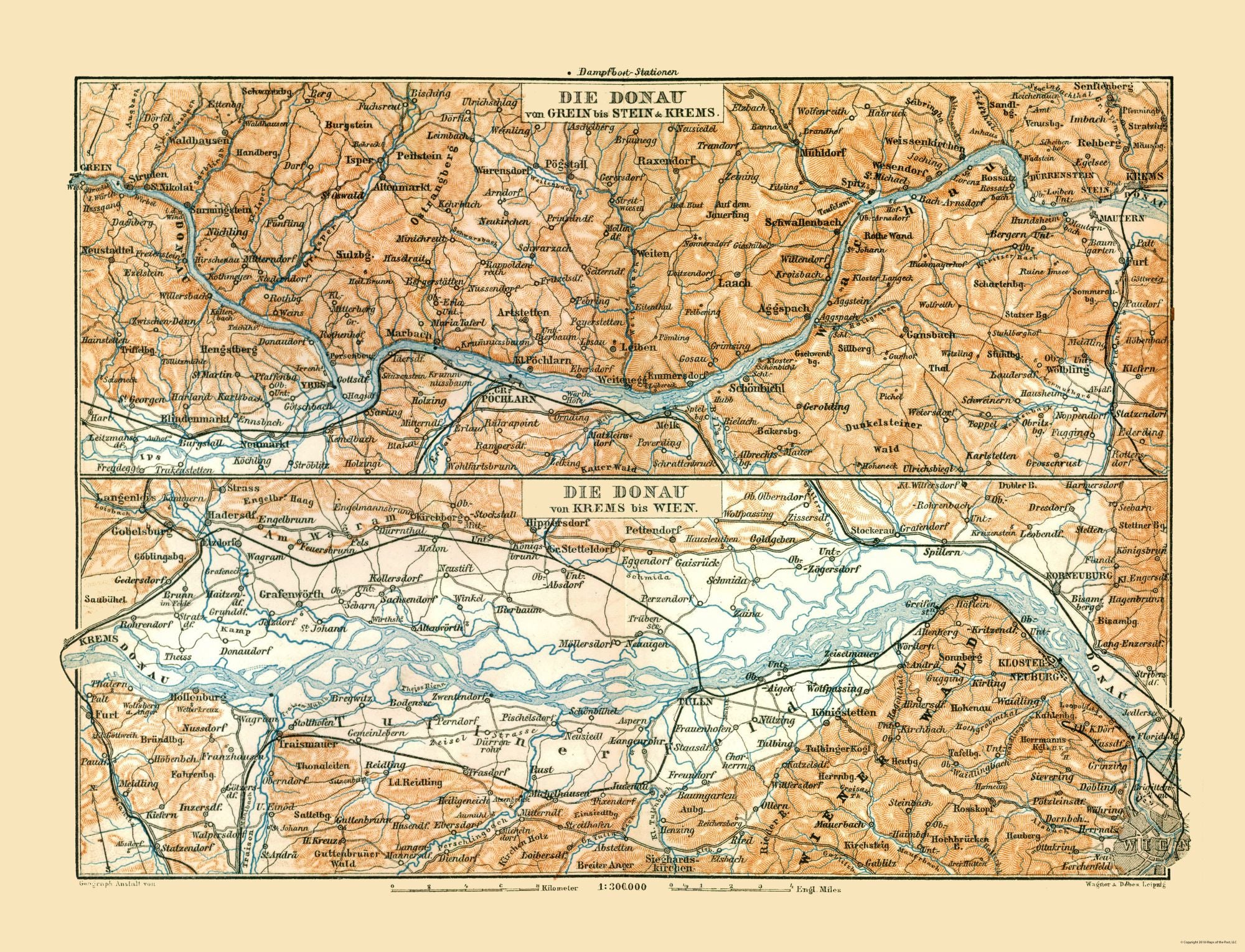 Historic Nautical Map - Danube River Grein Vienna Austria - Baedeker ...
