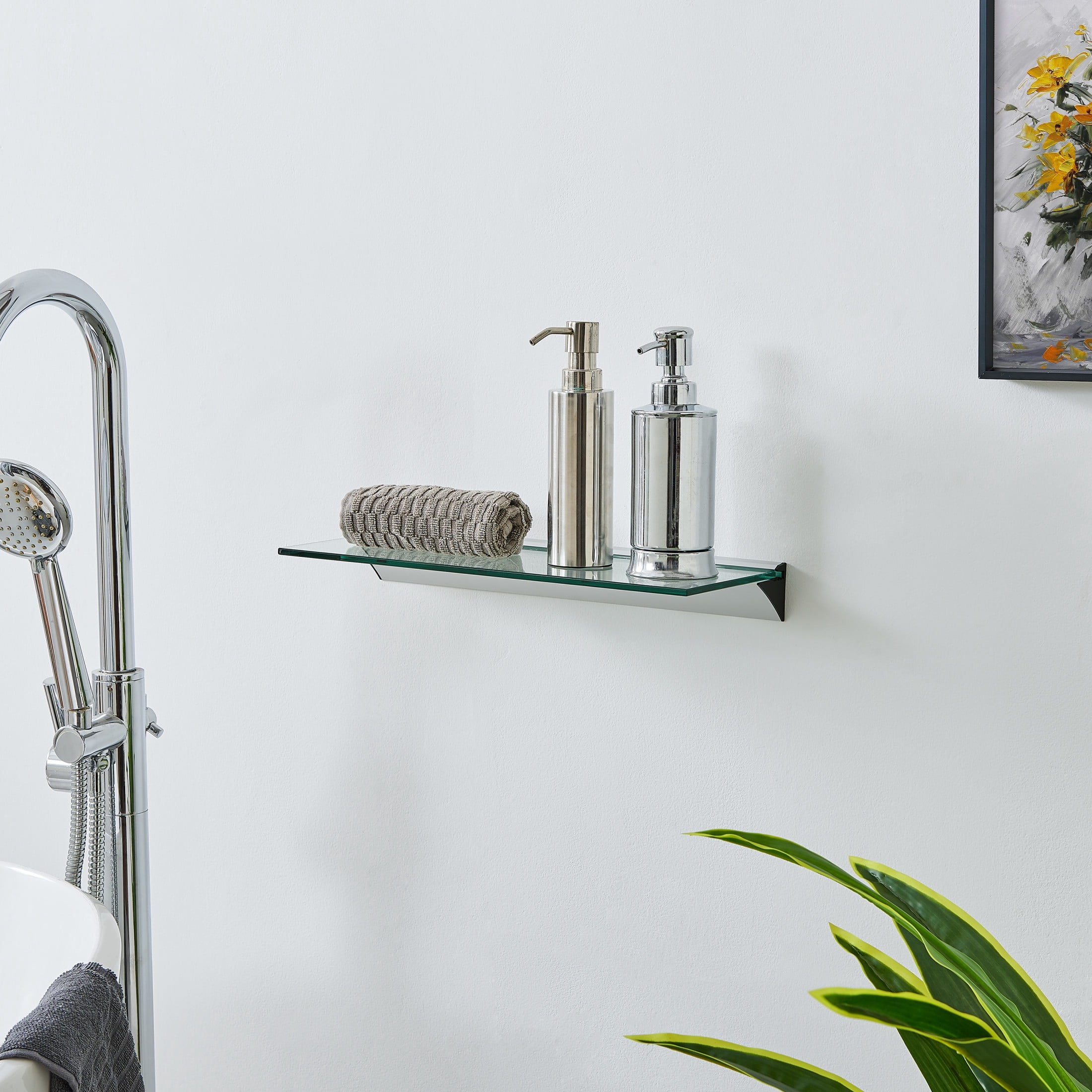 Danya B. 16 in Modern Clear Glass Floating Shelf on Aluminum Bar ...