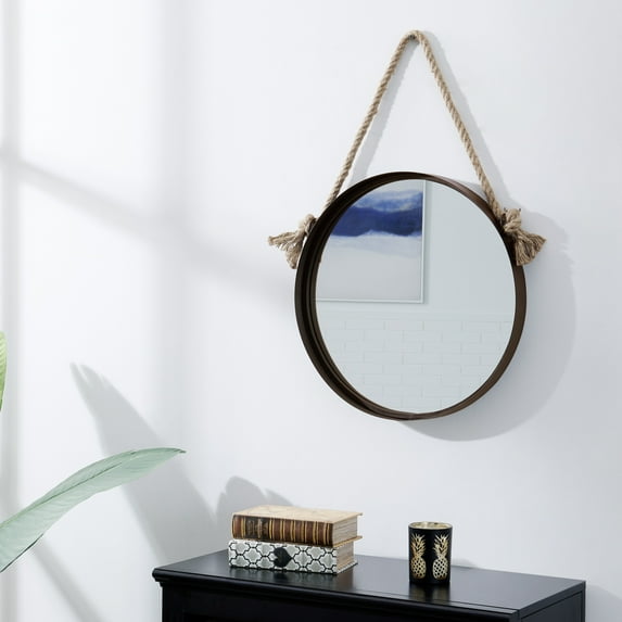 Danya B. 18 in Medium Dark Brown Iron Framed Round Accent Mirror with Hanging Rope - Walmart.com