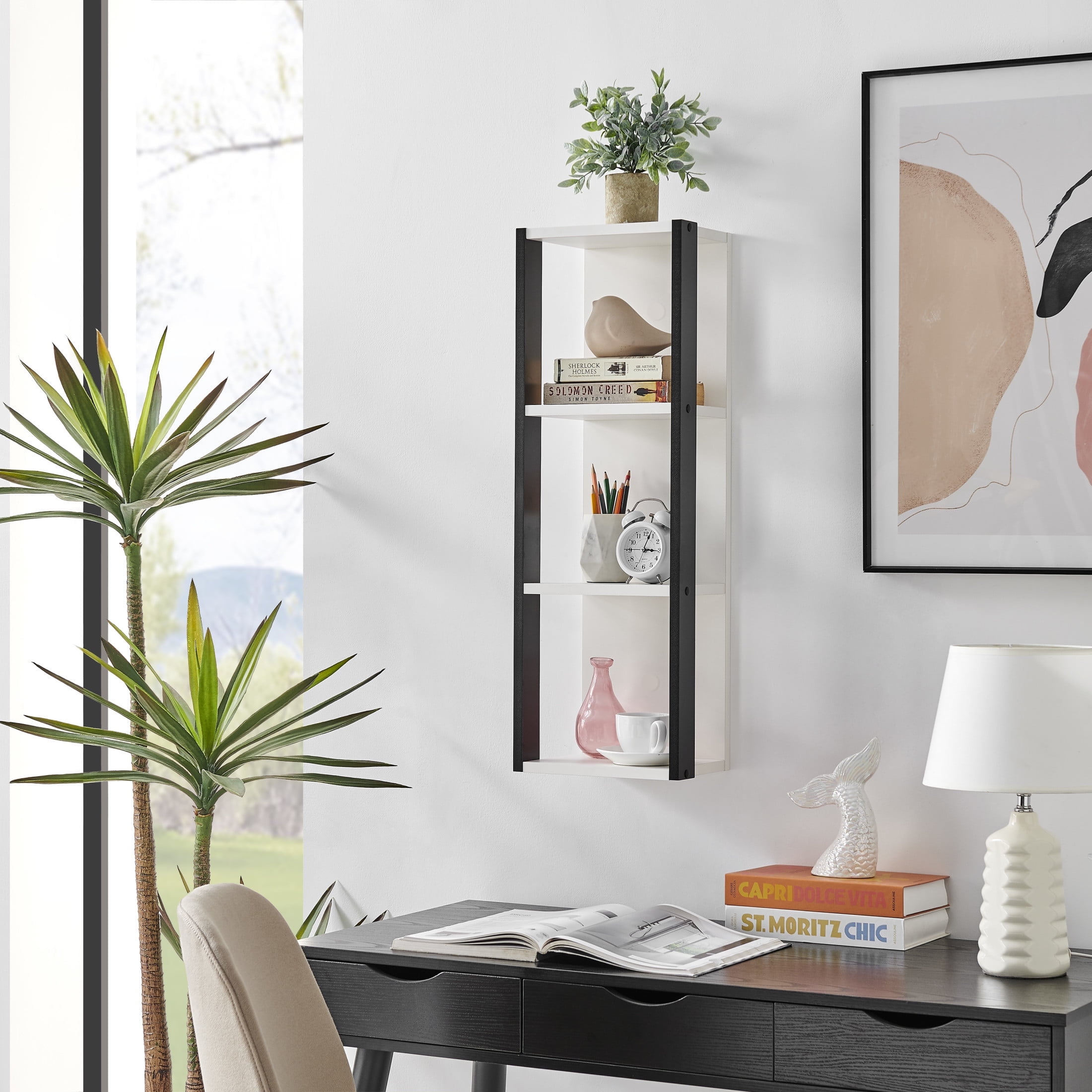 Danya B Vertical Three-Tier Shadow Box Wall Shelf, Black and White ...
