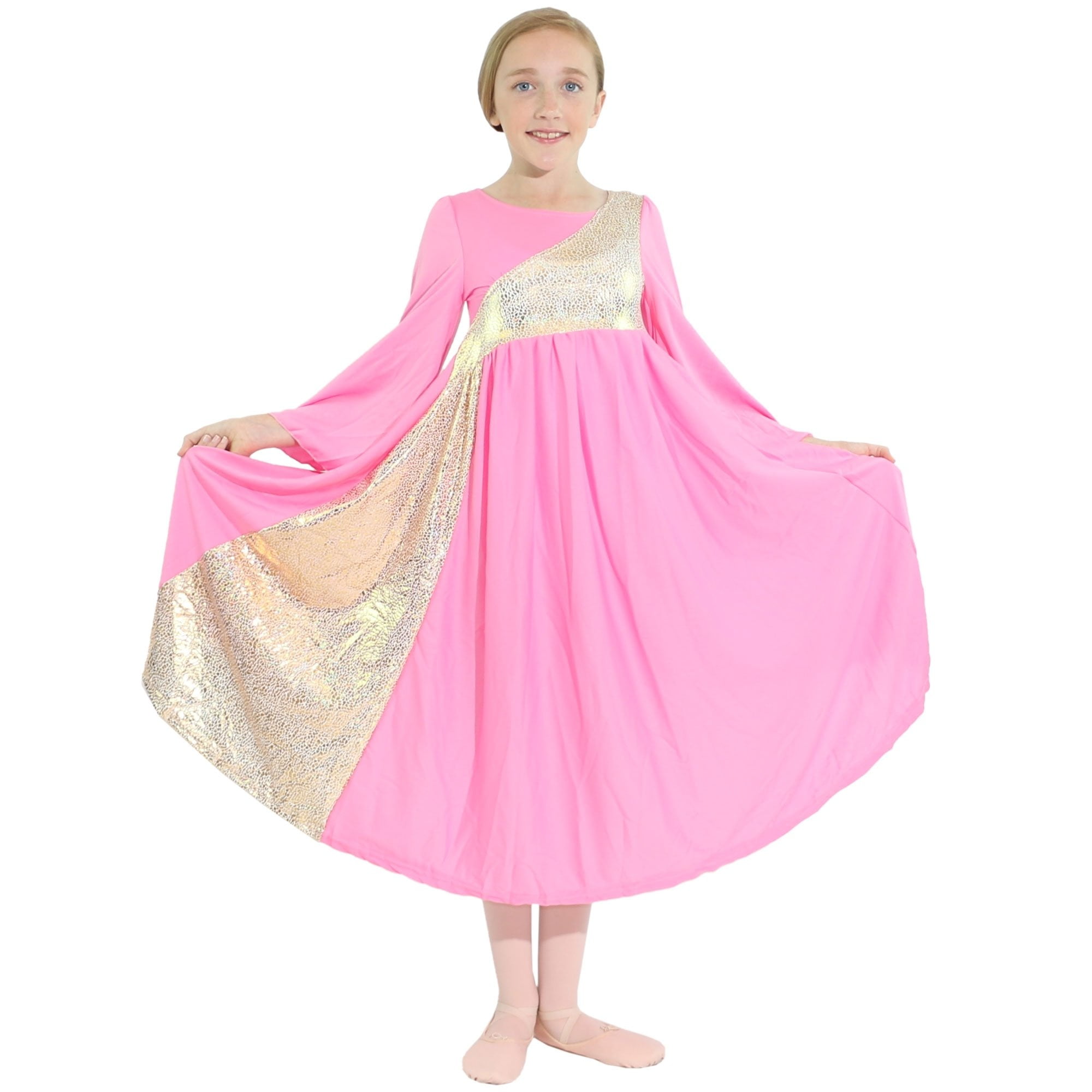 Danzcue Shimmery Asymmetrical Bell Sleeve Child Praise Dance Dress ...