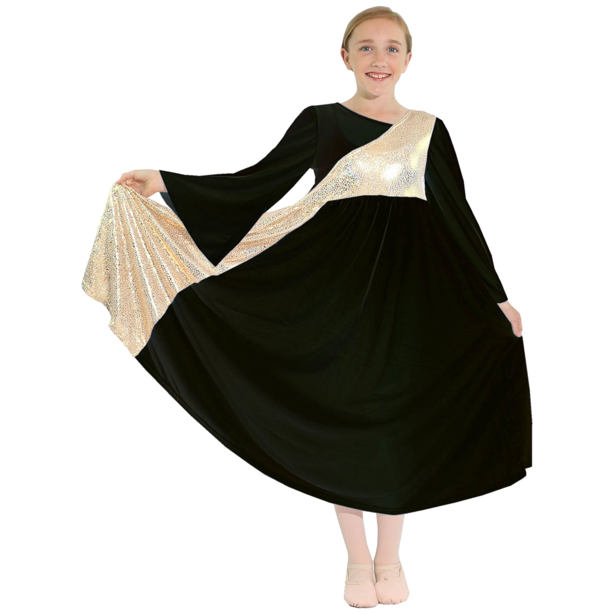 Danzcue Shimmery Asymmetrical Bell Sleeve Child Praise Dance Dress ...