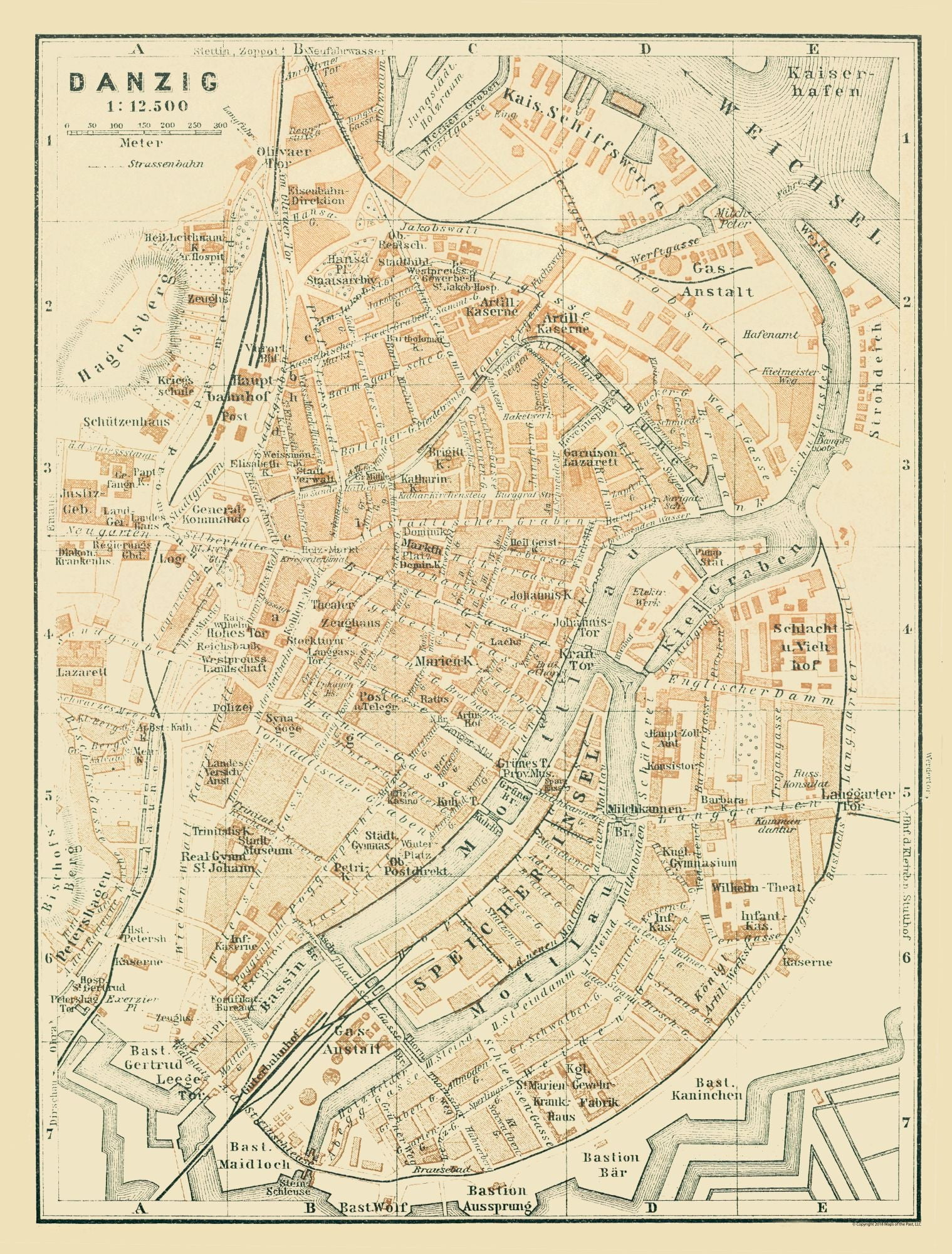 Historic Map - Danzig Poland - Baedeker 1914 - 23 x 30.28 - Vintage ...