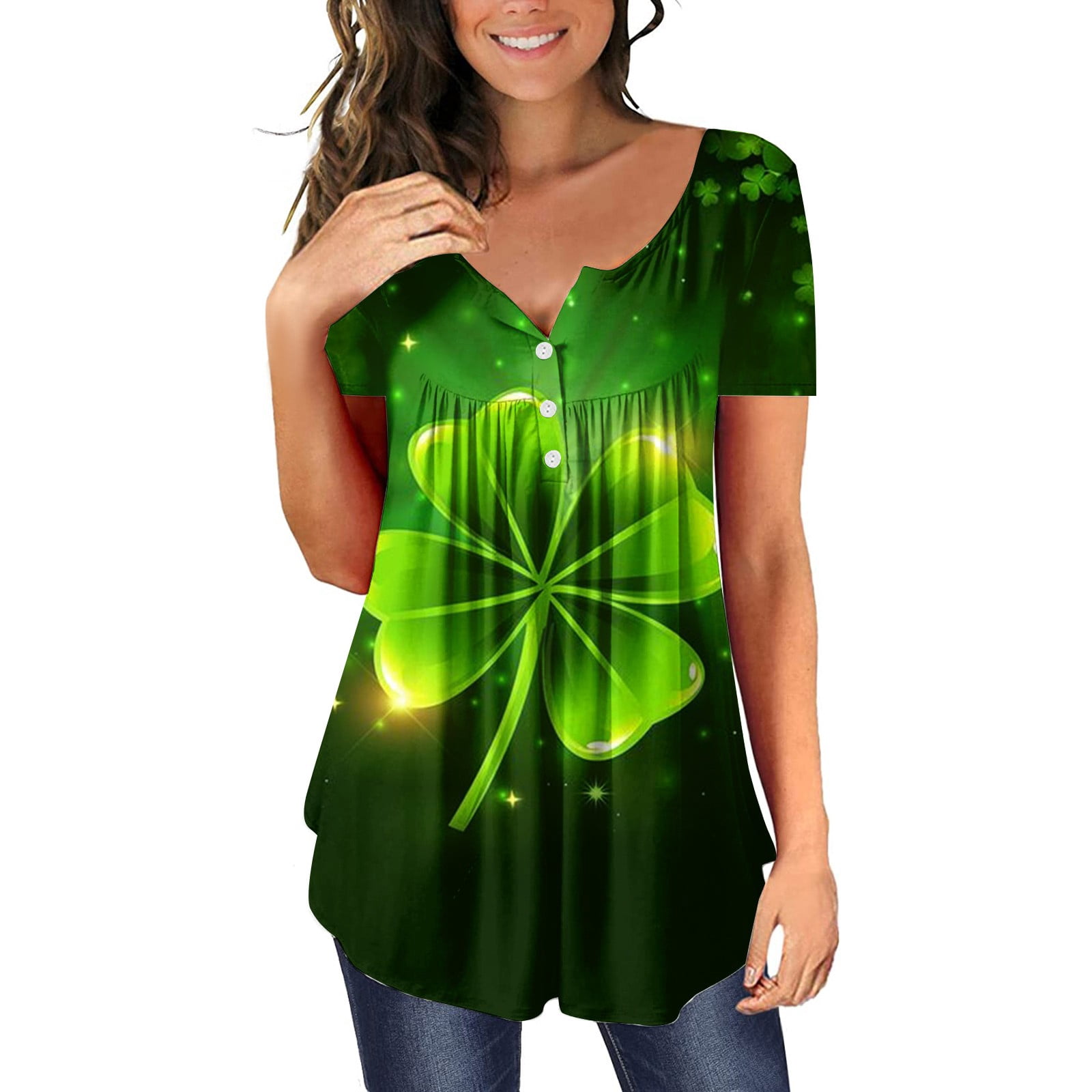 DaoAg Womens Green Leaf Graphic Printed V Neck Button Flowy Short ...
