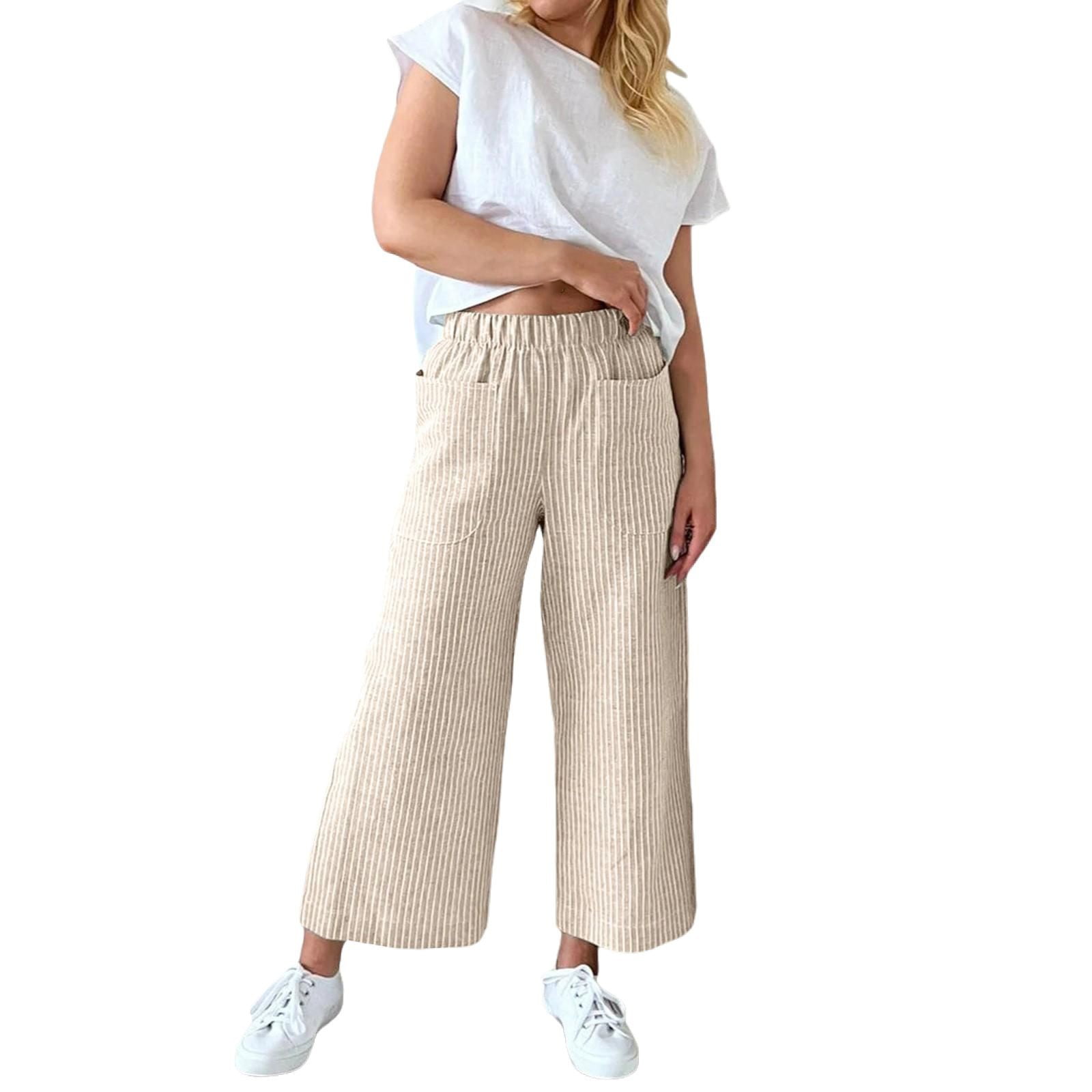 Daolelai Loose Striped Cotton and Linen Pockets Fashionable Casual Wide ...