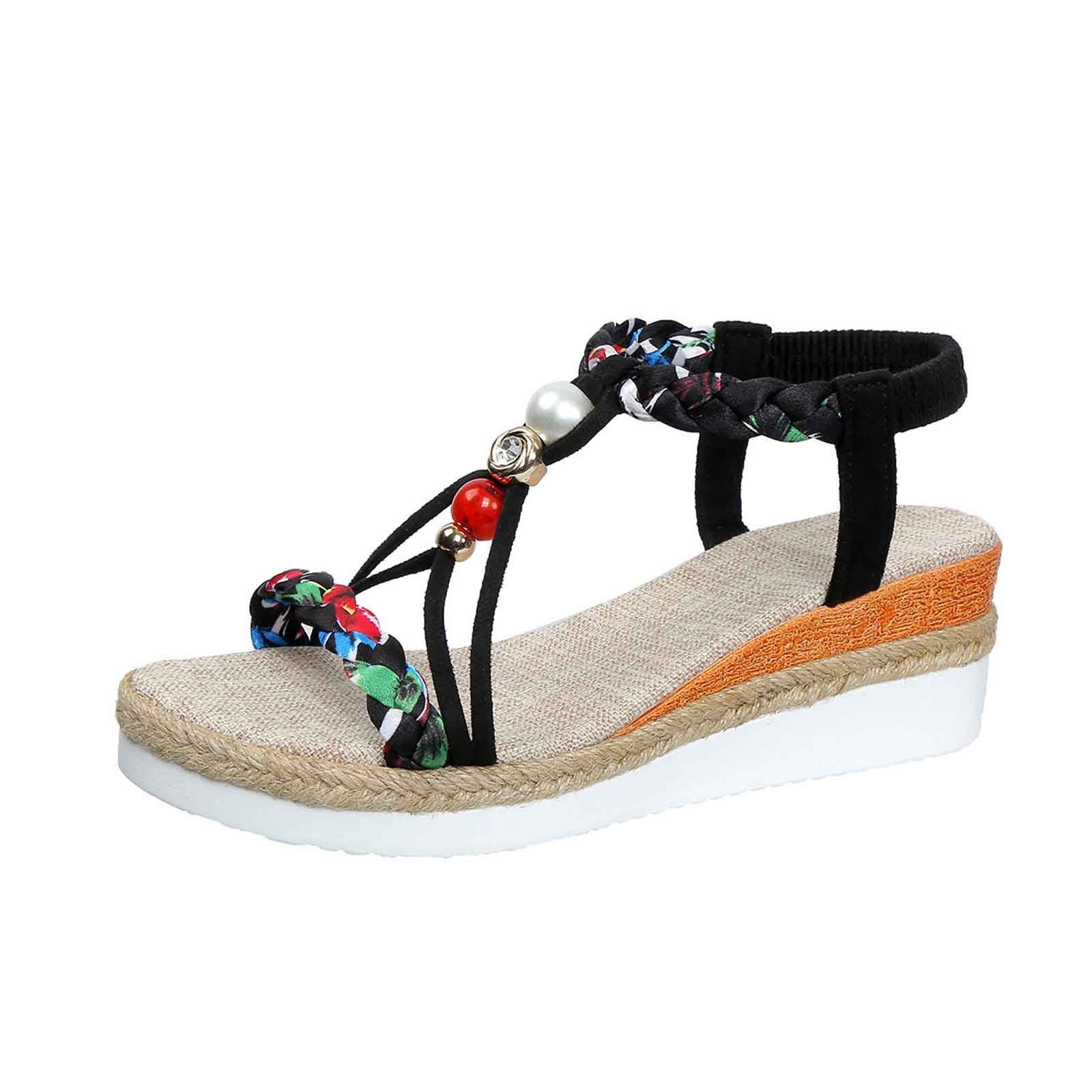 Daolelai Round Toe Flat Wedge Heel Braided Beaded Open Toe Bohemian ...