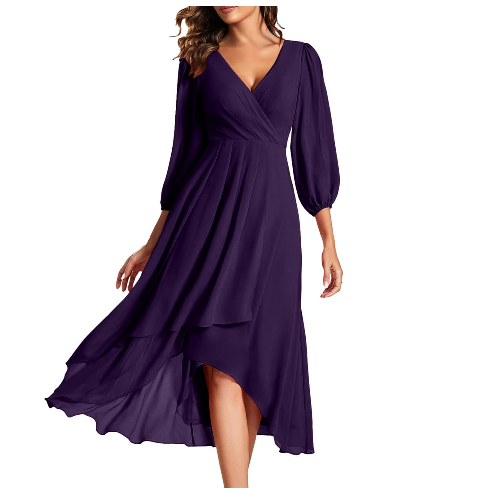 Daolelai Women's Chiffon V Neck Elbow Sleeves Pleated Midi Wedding ...