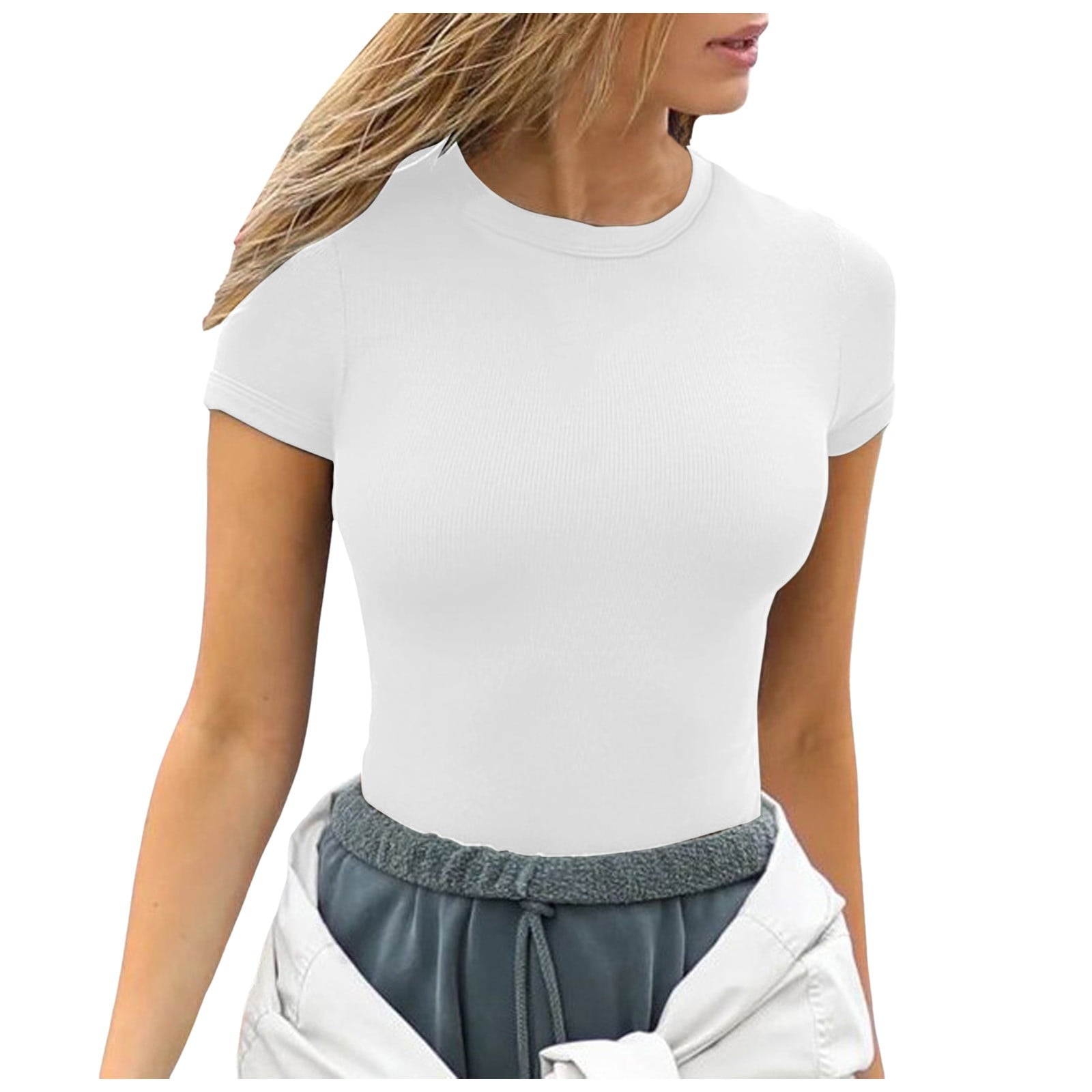 Daolelai Women's Threaded Slim Fit Top Solid Color Sports Short Sleeve ...
