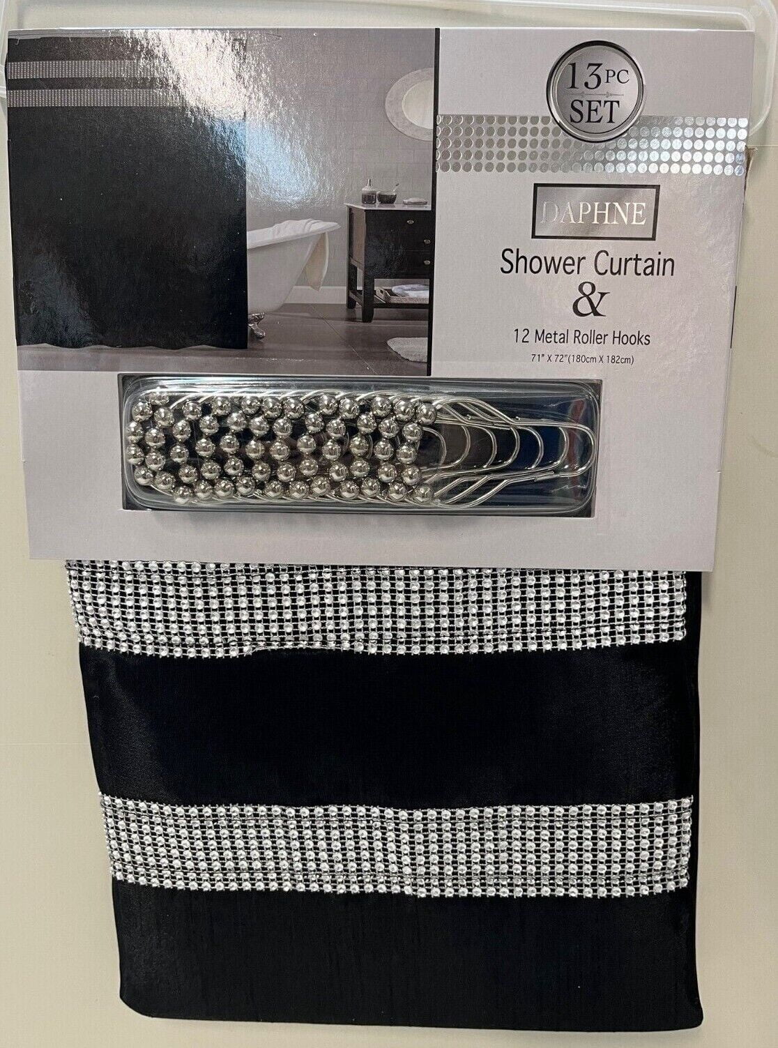 Daphne Fabric Shower Curtain with 12 Metal Roller Hooks, Silver ...