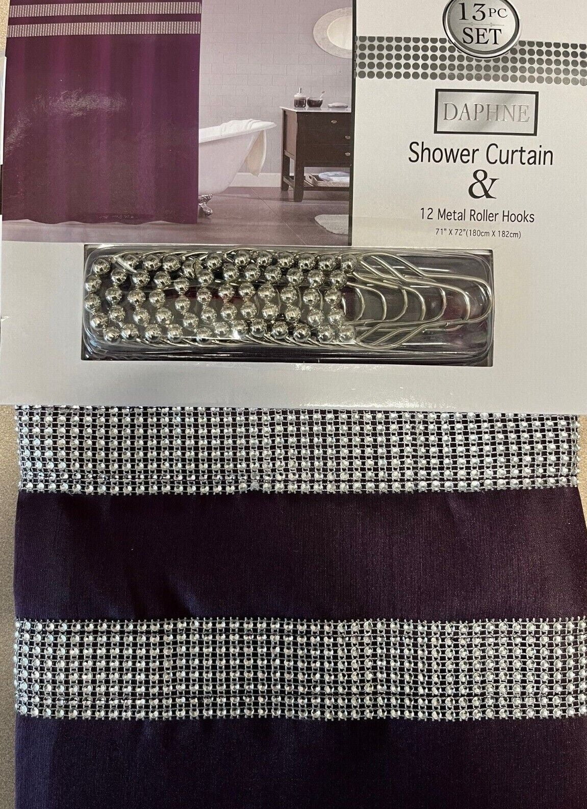 Daphne Fabric Shower Curtain with 12 Metal Roller Hooks, Silver ...