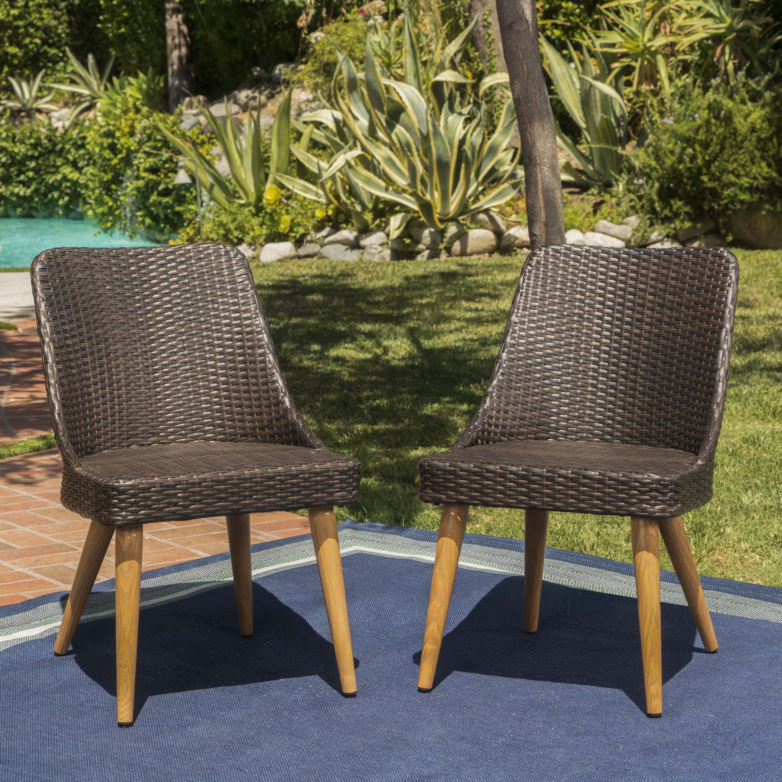 Daphne Outdoor Wicker Dining Chairs with Light Brown Wood Finished ...