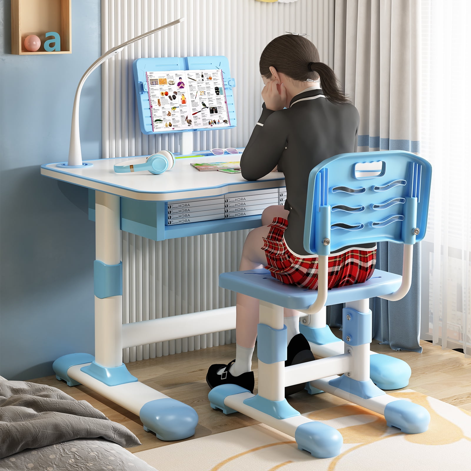 Dapmiu Study Desk and Chair Set with LED Lamp, Eye-Friendly Lighting ...