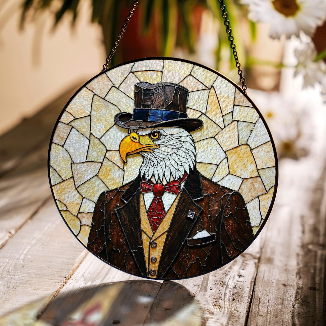 Dapper Bald Eagle Gentleman Glass Suncatcher, Patriotic Window Art ...