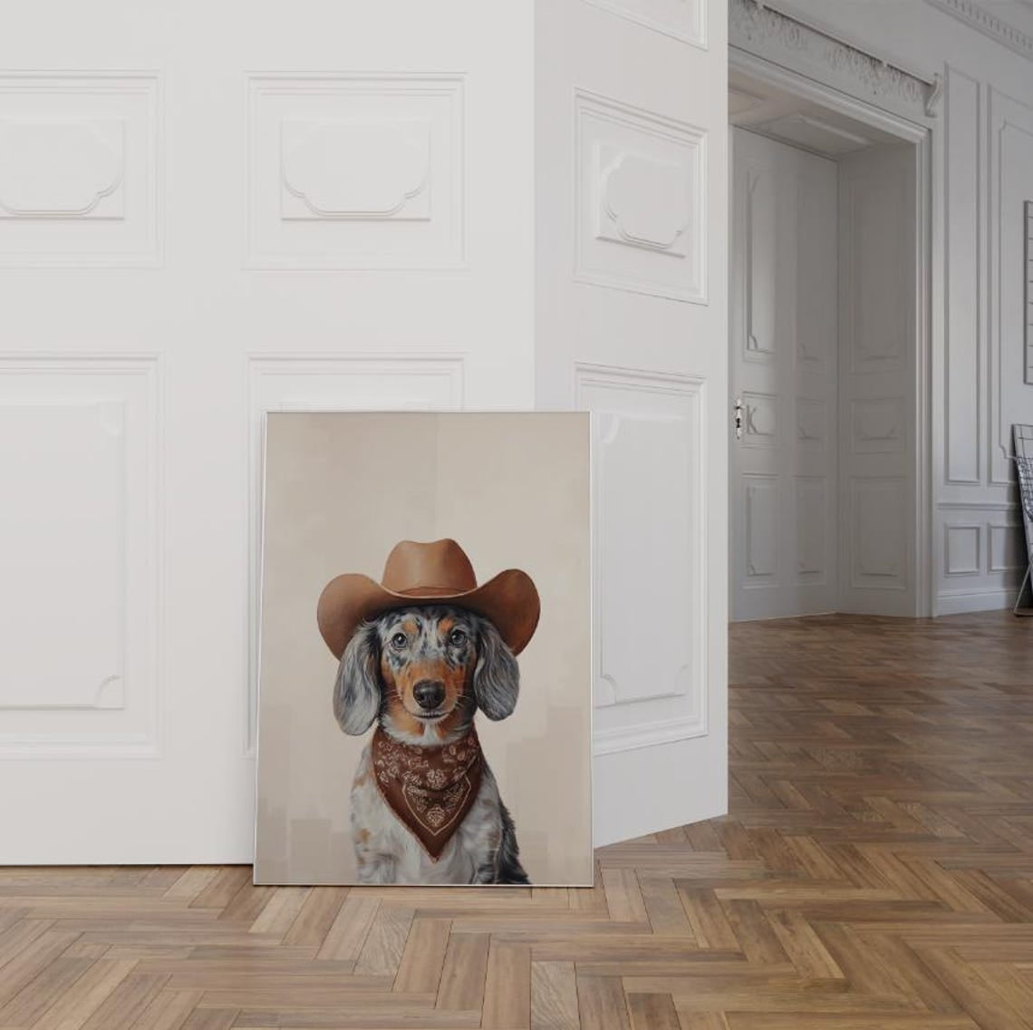 Dapple Dachshund Cowboy Hat Print, Neutral Aesthetic Print, Vintage Art ...
