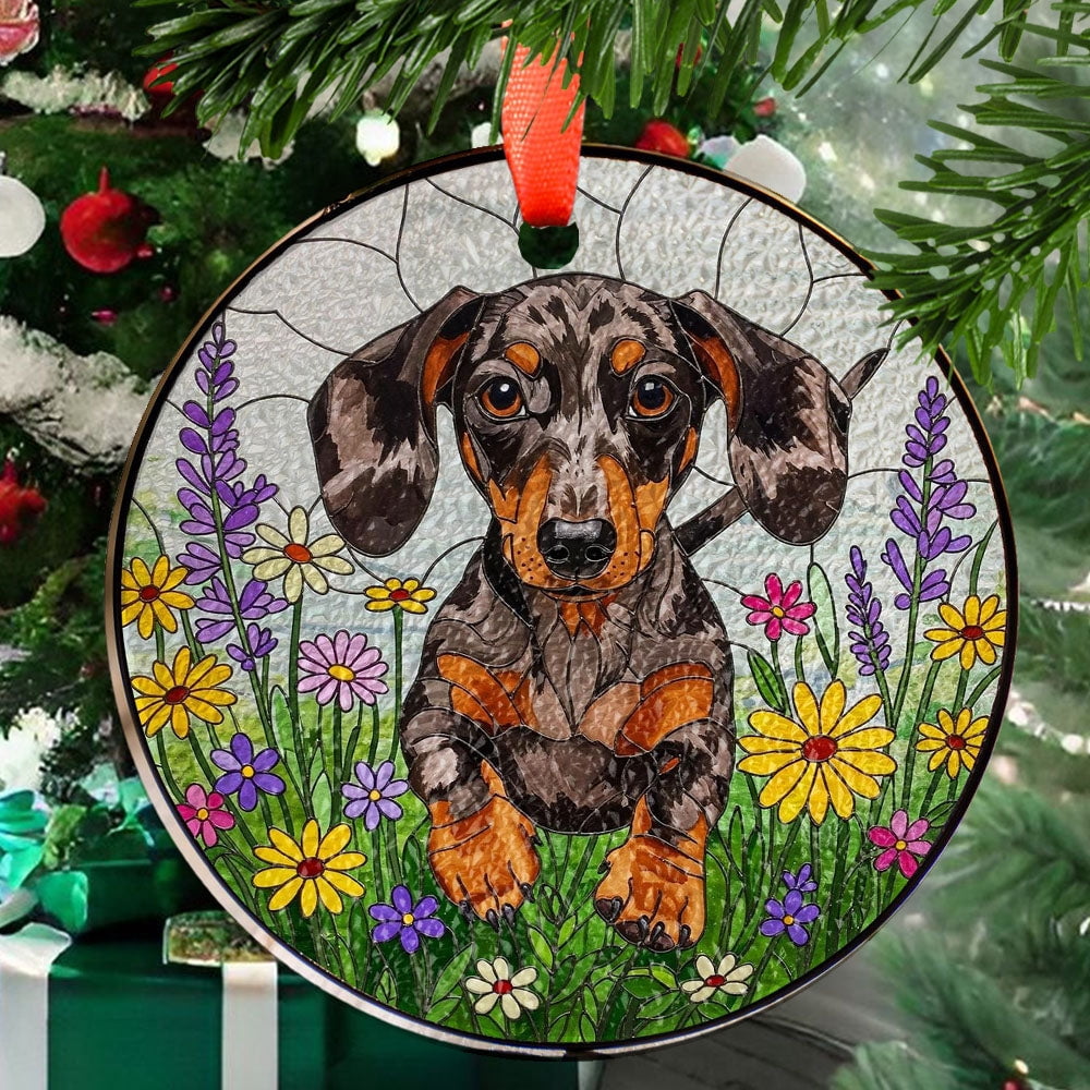 Dapple Dachshund Wildflower Glass Suncatcher Weiner Dog Window Hanging ...