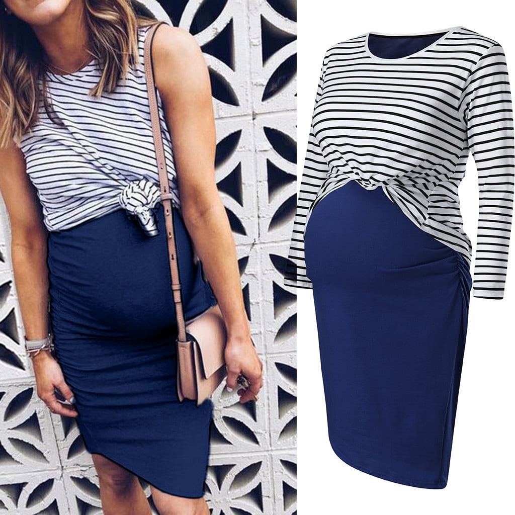 Daqian Maternity Dresses Women Pregnant Long Sleeve Stripe Two-piece ...