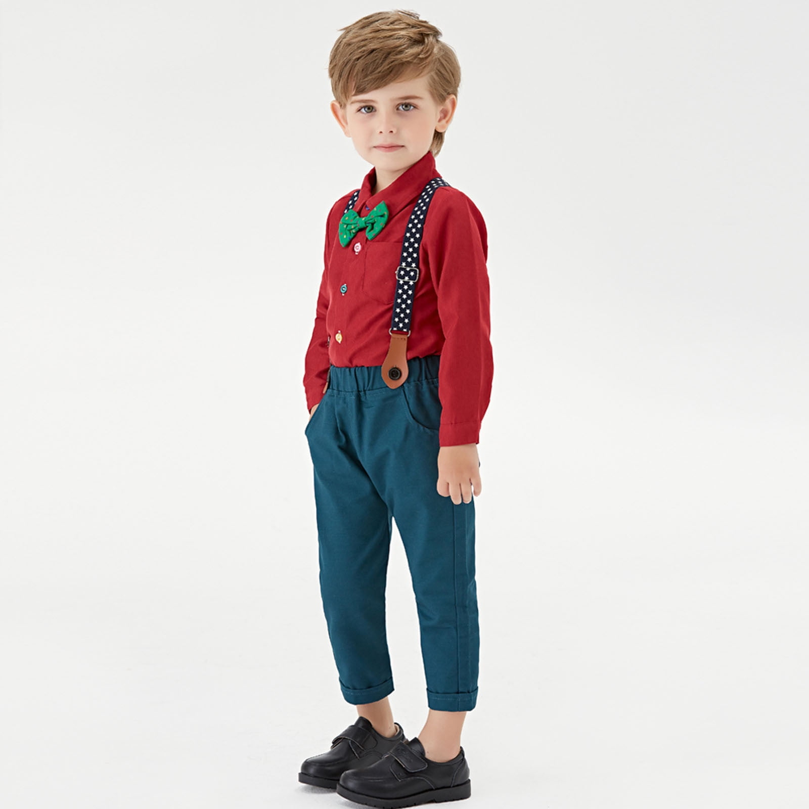 Daqian Boys Dress Shirt and Pants Outfit Set Boys Long Sleeve Suspender ...