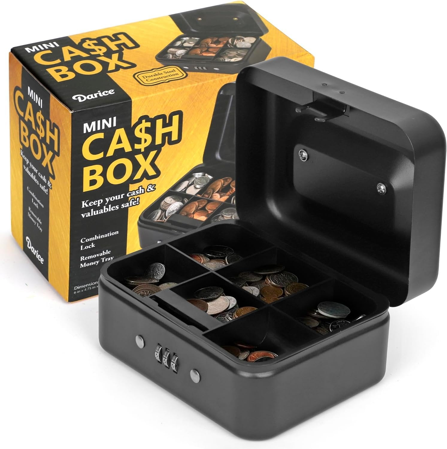 Darice Cash Lock Box with Money Tray and Lock, 4.75" x 6" x 3", Black ...