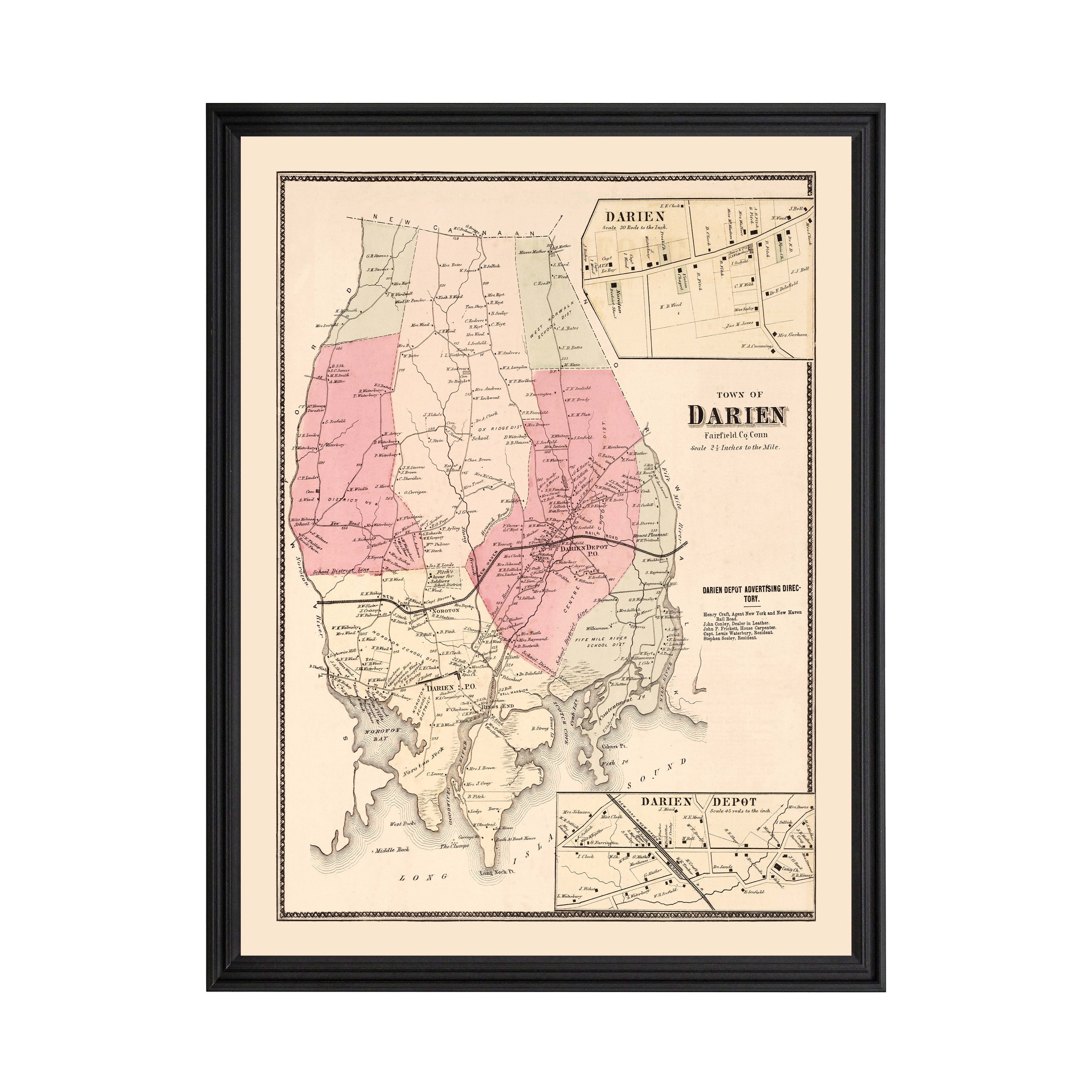 Darien Art, 1867 Vintage Map of Darien Connecticut, CT History Wall ...