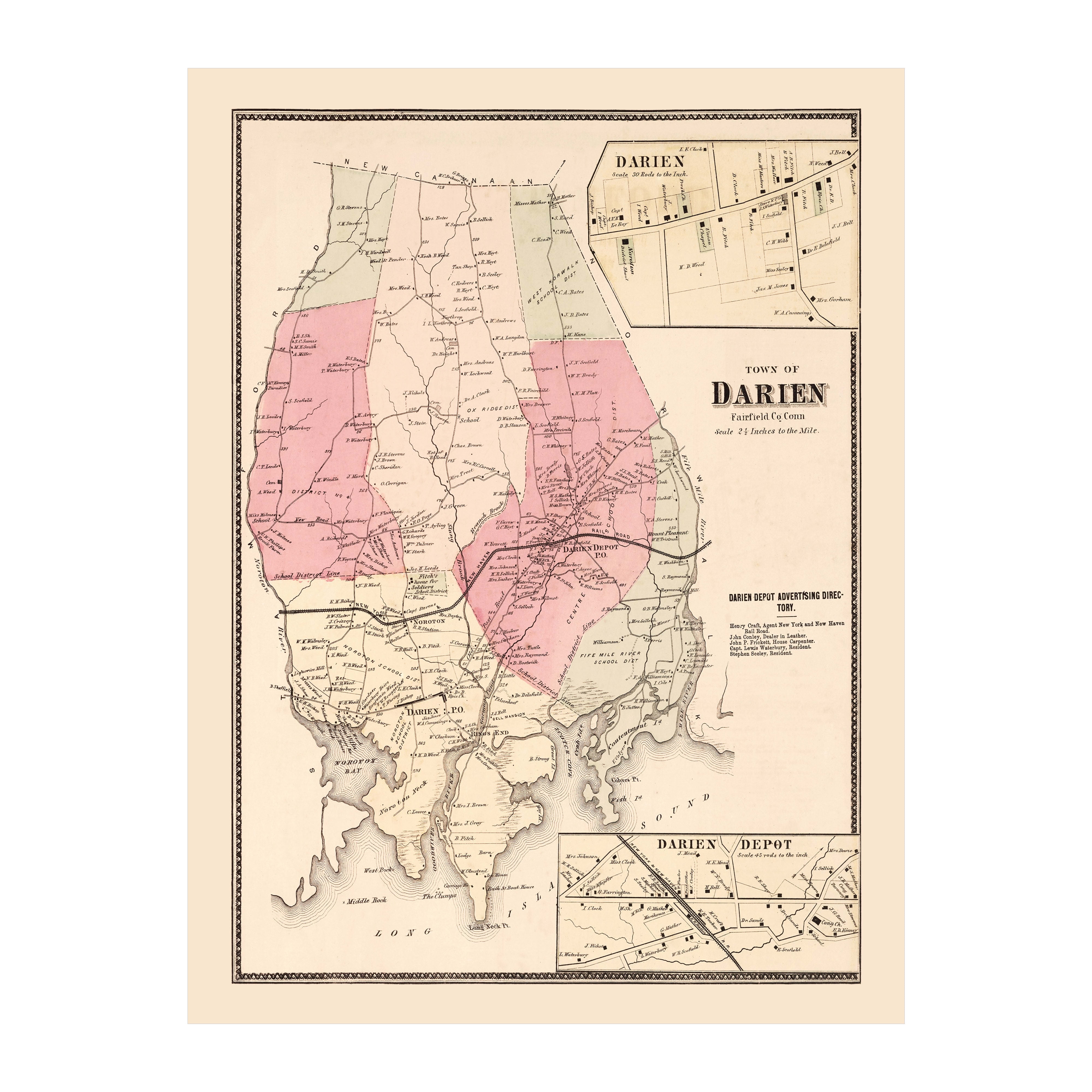 Darien Art, 1867 Vintage Map of Darien Connecticut, CT History Wall ...
