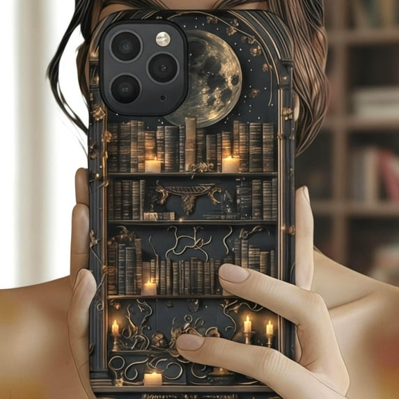 Dark Academia Bookshelf Moon Phone Case for iPhone 17 through 11 Pro ...