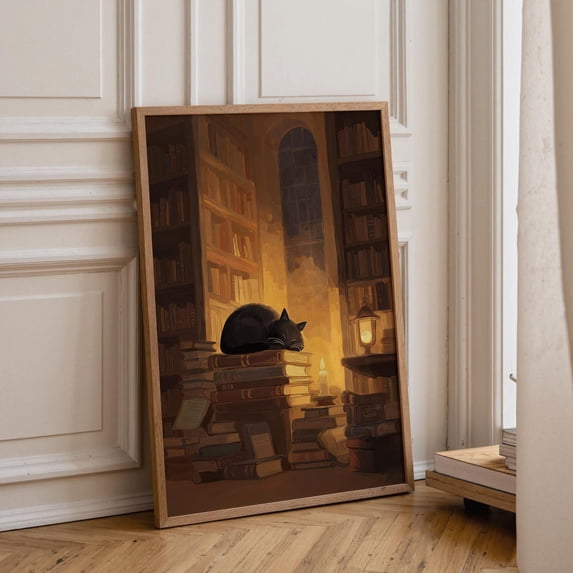 Dark Academia Cat Wall Art Cozy Library Sleeping Cat Books Moody ...