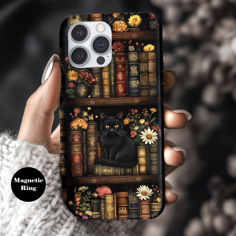 Dark Academia Cottagecore Black Cat and Bookshelf Phone Case 11 12 13 ...