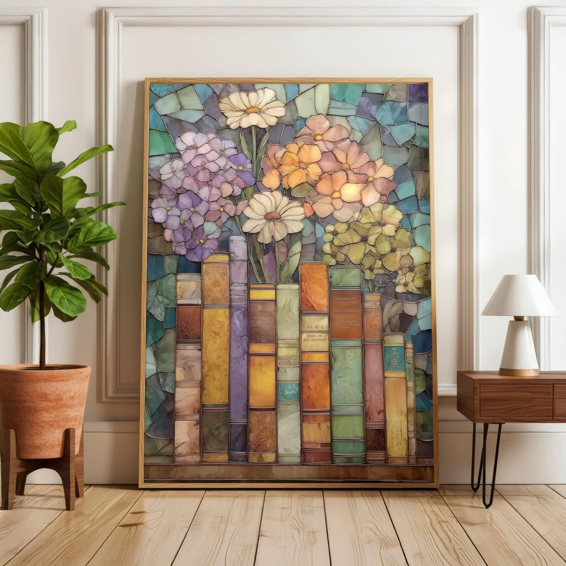 Dark Academia Floral Book Wall Art, Stained Glass Library Print ...