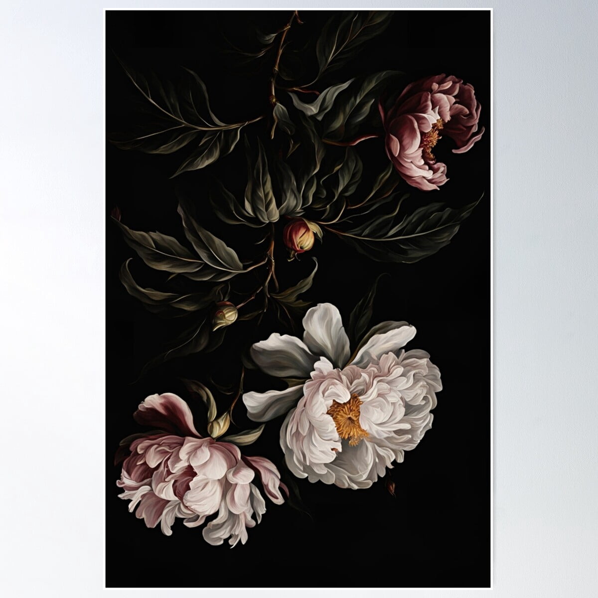 Dark Academia Floral White And Pink Peony Oil Painting Dark Nature ...