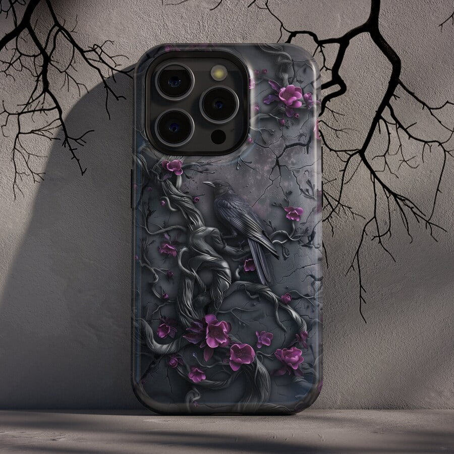 Dark Academia Gothic Floral Raven 3D Halloween Fantasy Phone Case with ...