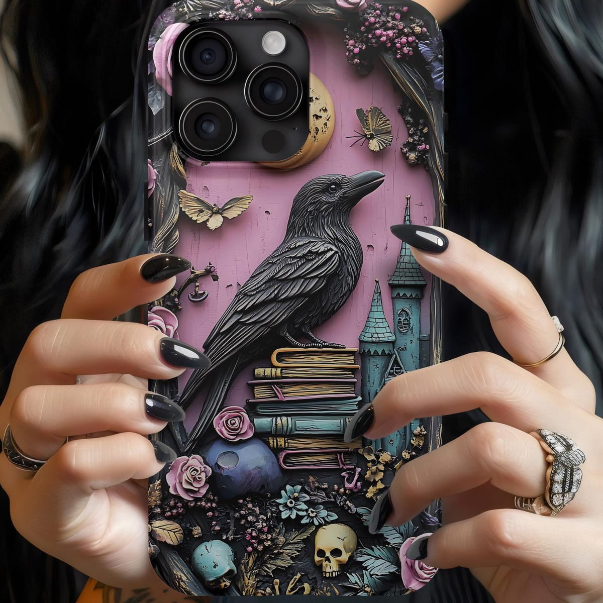 Dark Academia Gothic Raven Book Lover Phone Case with iPhone 17 to 11 ...