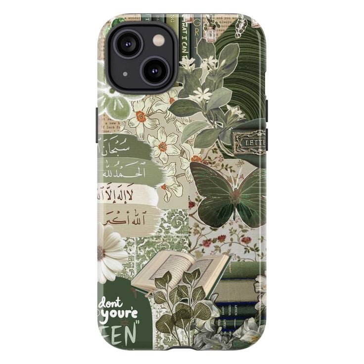 Dark Academia Phone Case, Green Botanical Collage with Arabic & Books ...